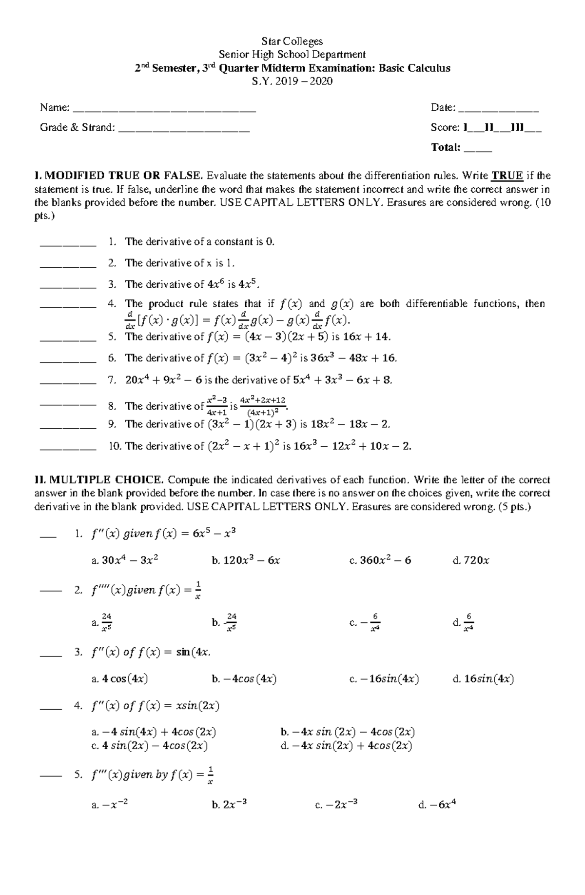 448498018 Third Quarter Final Exam in Basic Calculus - Star Colleges ...