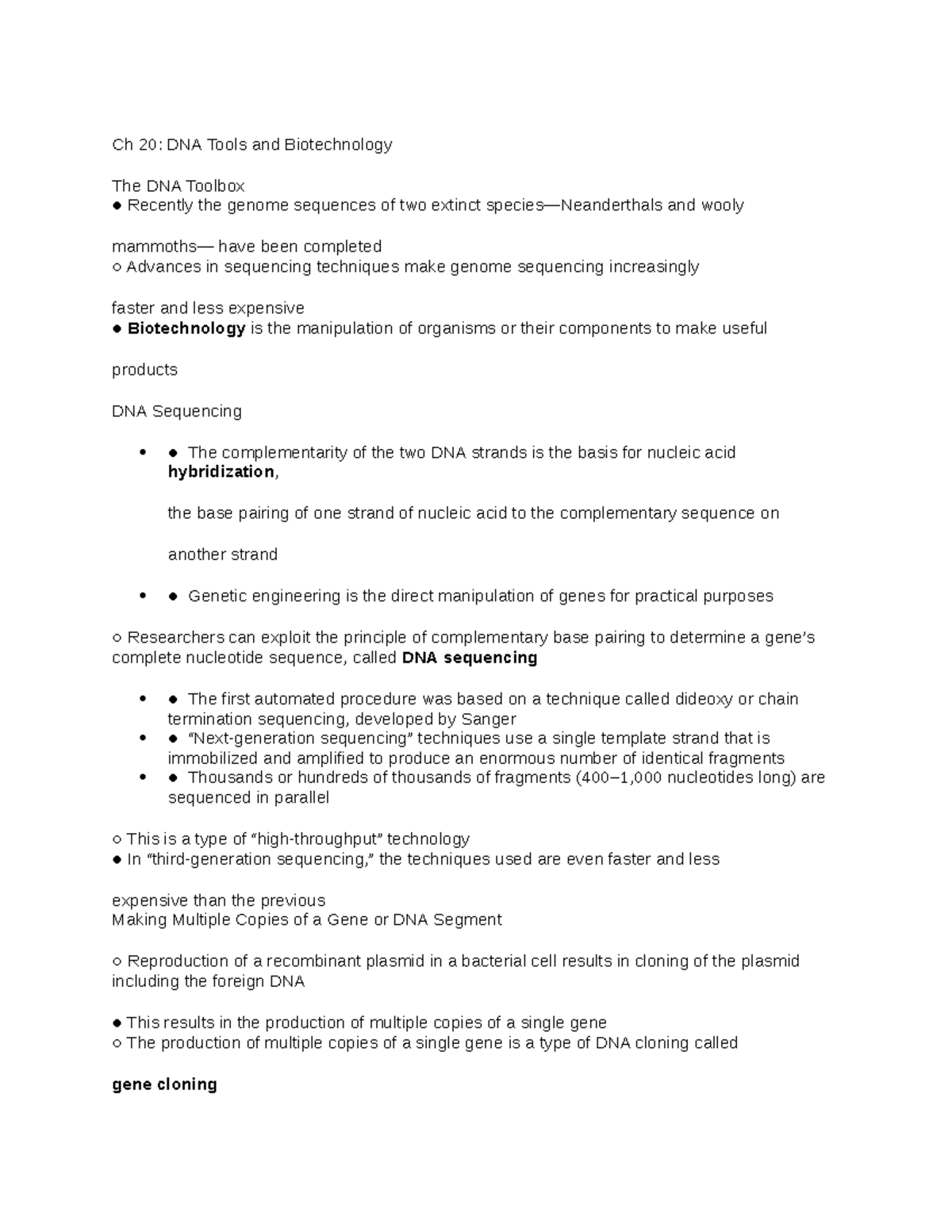 Ch 20 - notes - Ch 20: DNA Tools and Biotechnology The DNA Toolbox ...