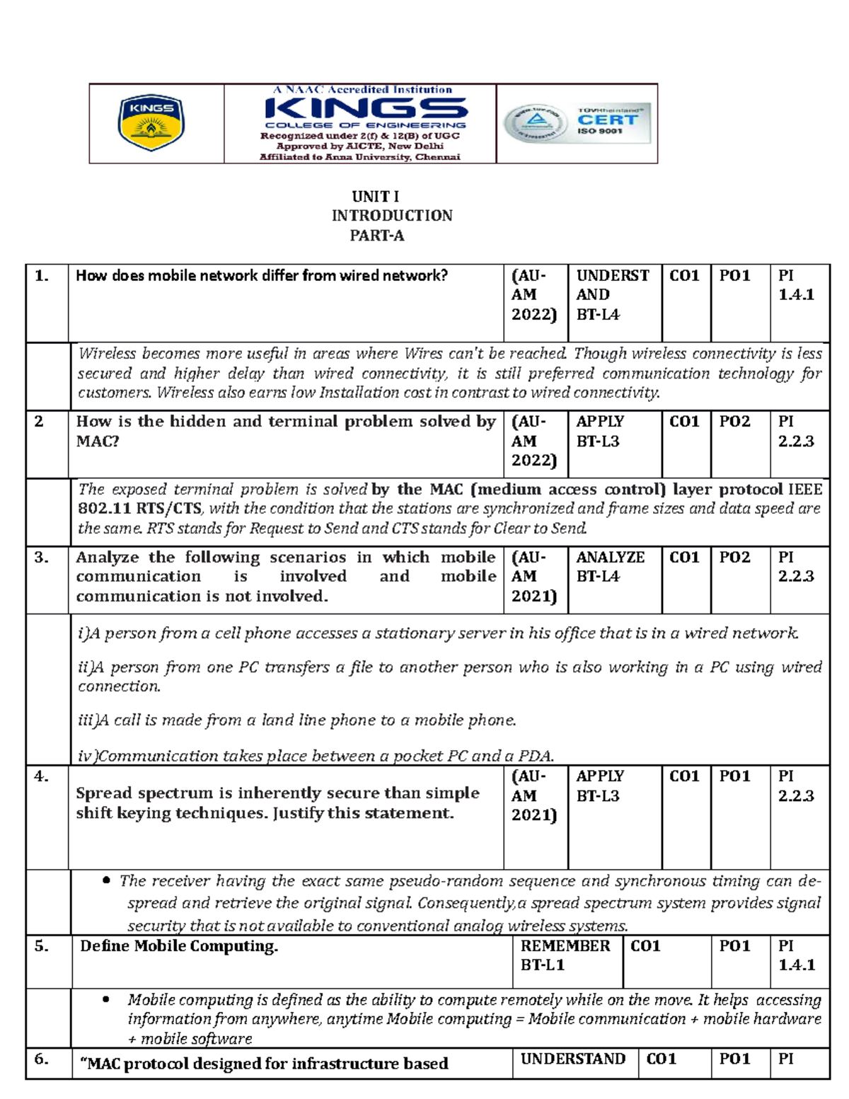 2022 mobile question - UNIT I INTRODUCTION PART-A How does mobile ...