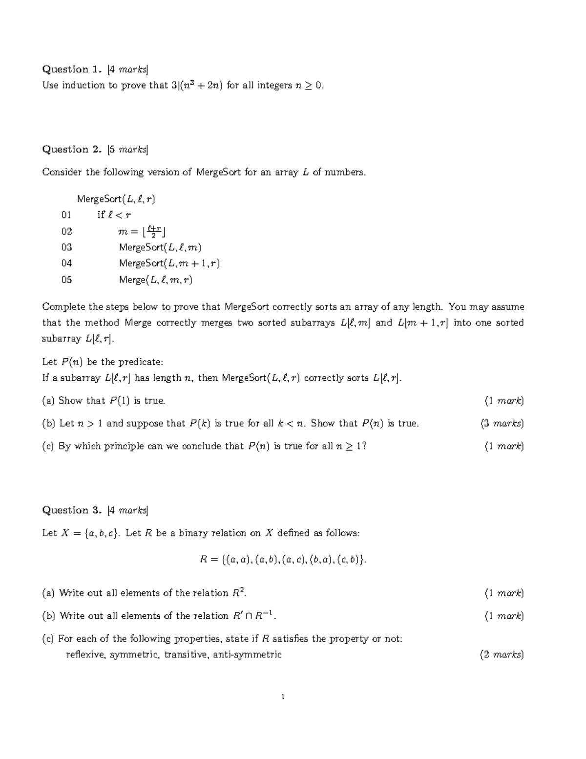 Dcs Exam 2018 Discrete Mathematics Question Paper Question 1 4 Marks Use Induction To