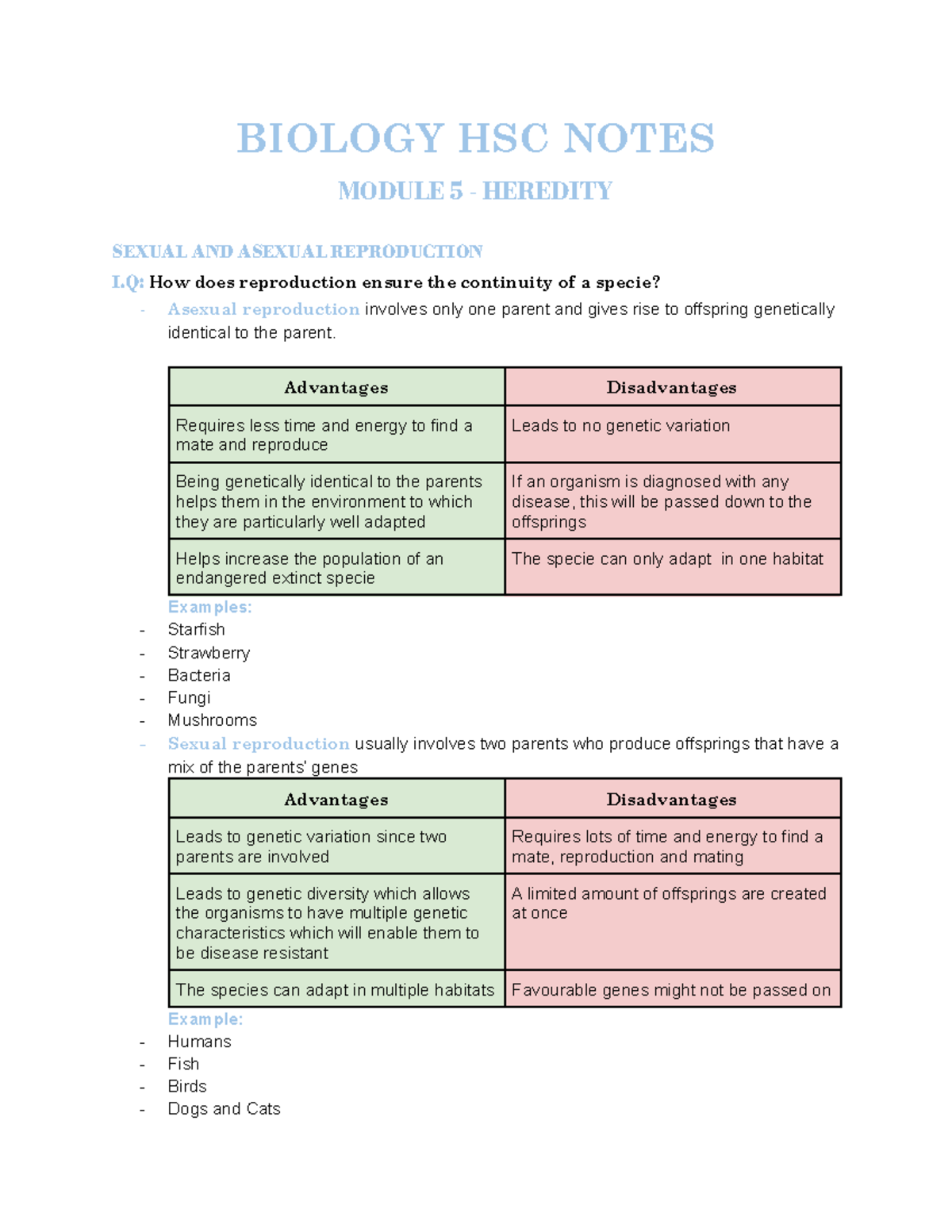 Biology Notes - BIOLOGY HSC NOTES MODULE 5 - HEREDITY SEXUAL AND ...