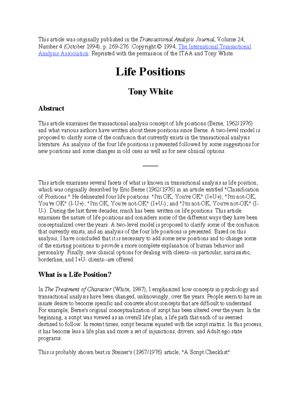 Life Positions - This article was originally published in the ...
