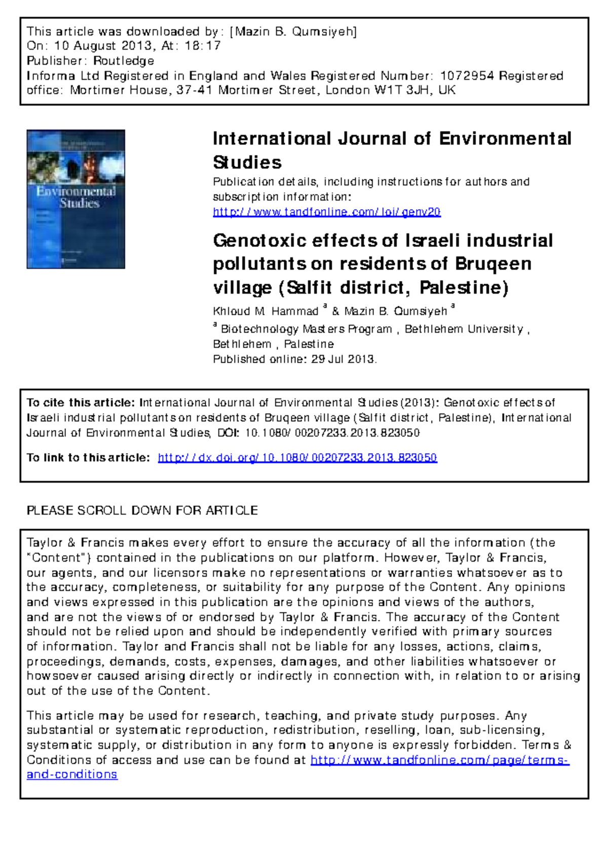 Genotoxicity Palestine - This art icle was downloaded by: [ Mazin B ...