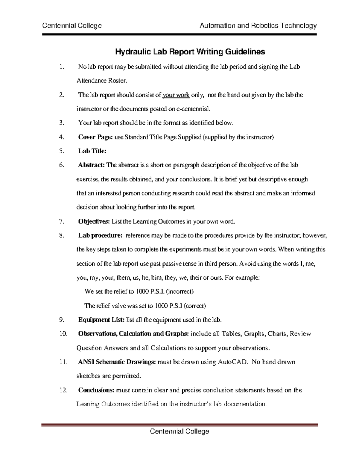 Hydraulic Lab Reports - Copy - Centennial College Automation and ...