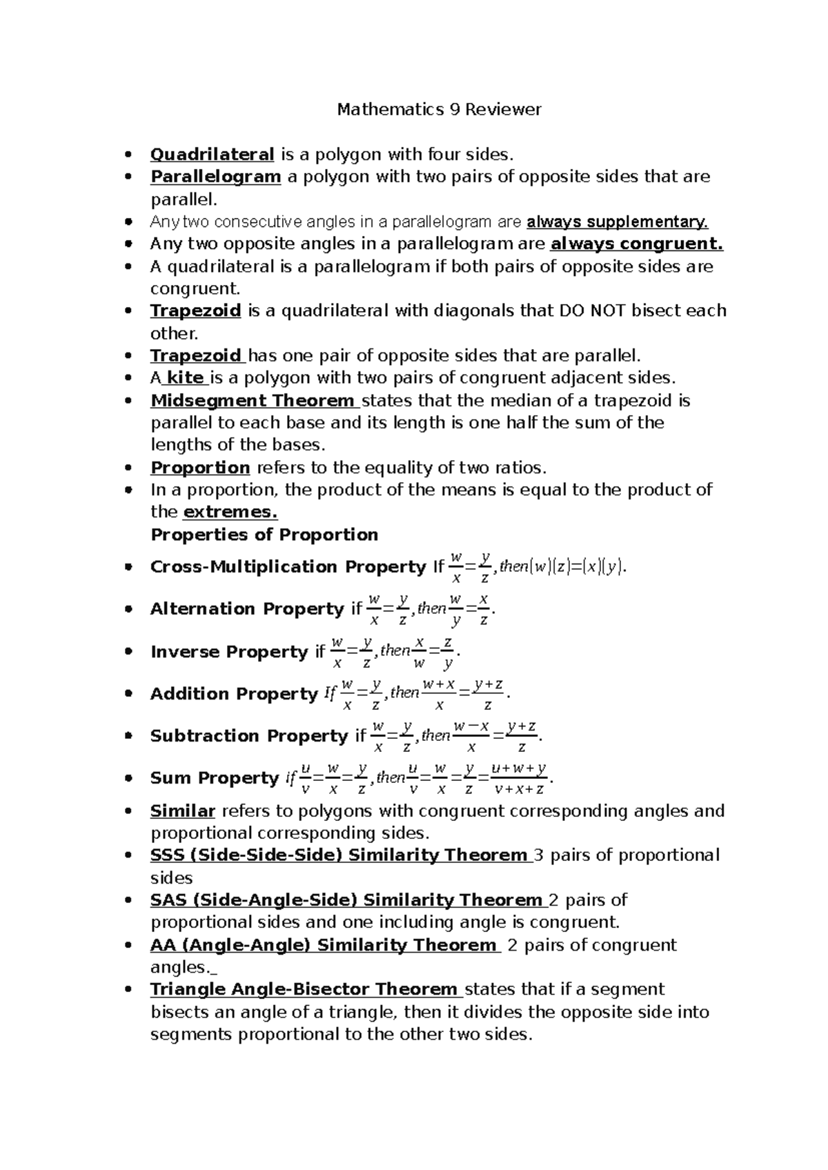 Mathematics-9-Reviewer - Mathematics 9 Reviewer Quadrilateral is a ...