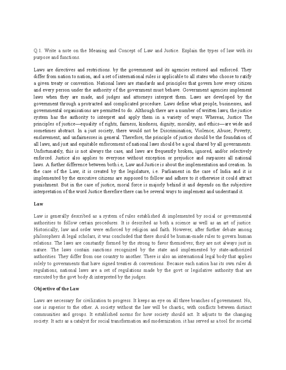 Assignment law and justice - Q. Write a note on the Meaning and Concept ...