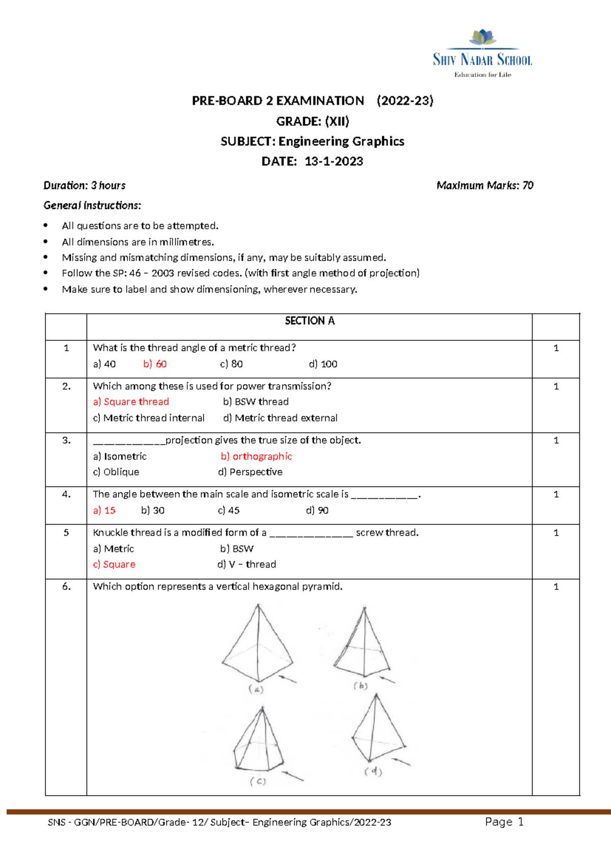 Engineering Graphics Grade 12 Pre-Board II Answer Key - PRE-BOARD 2 ...