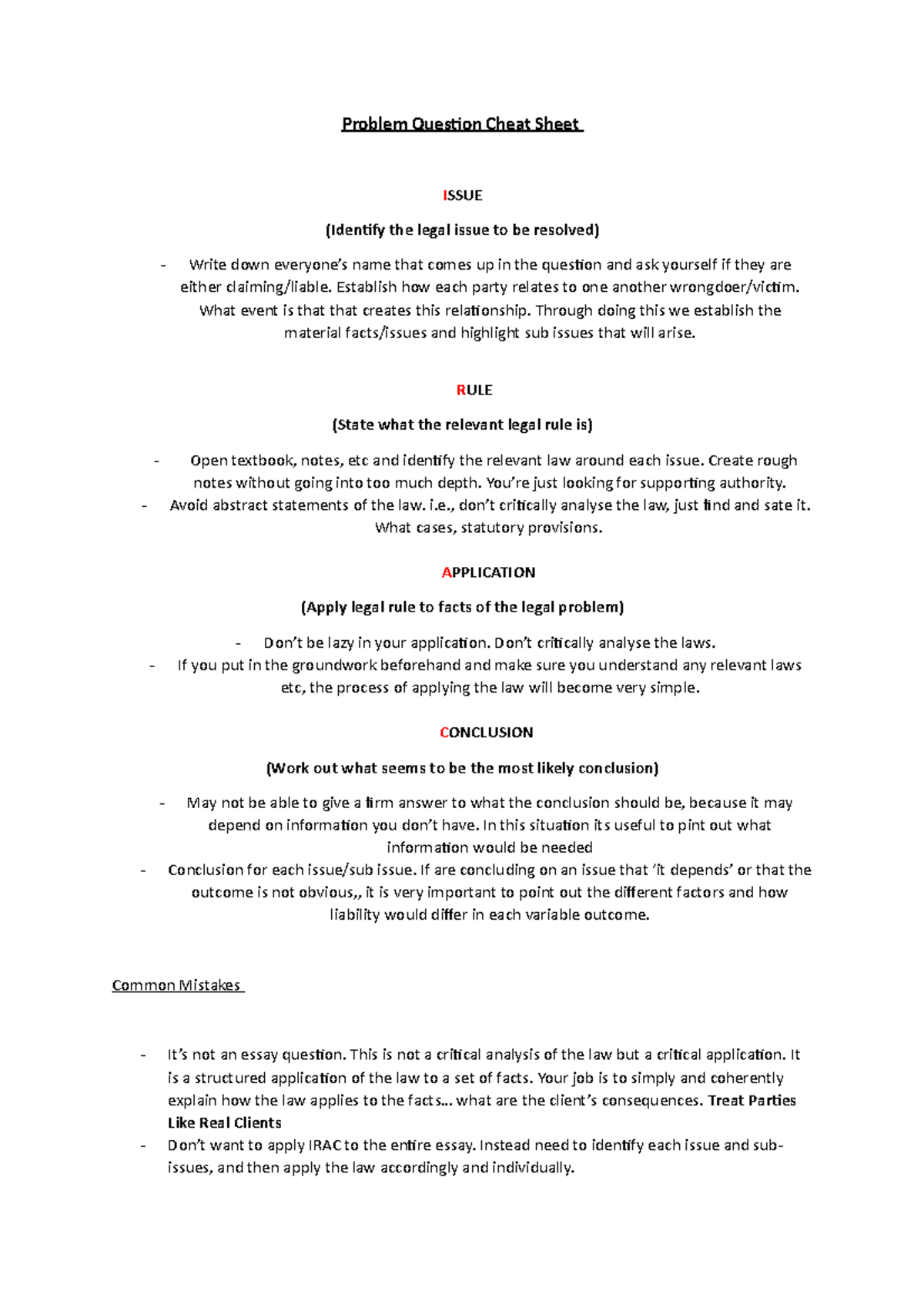 Problem Question Cheat Sheet - Problem Question Cheat Sheet ISSUE ...