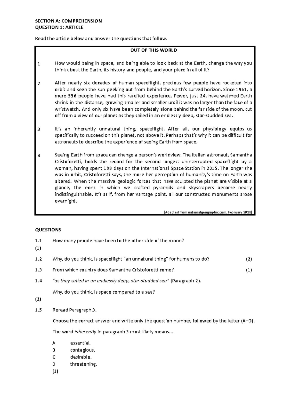 TASK 3 - Grade 8 Term 1 Test 1 (15 Feb) - SECTION A: COMPREHENSION ...