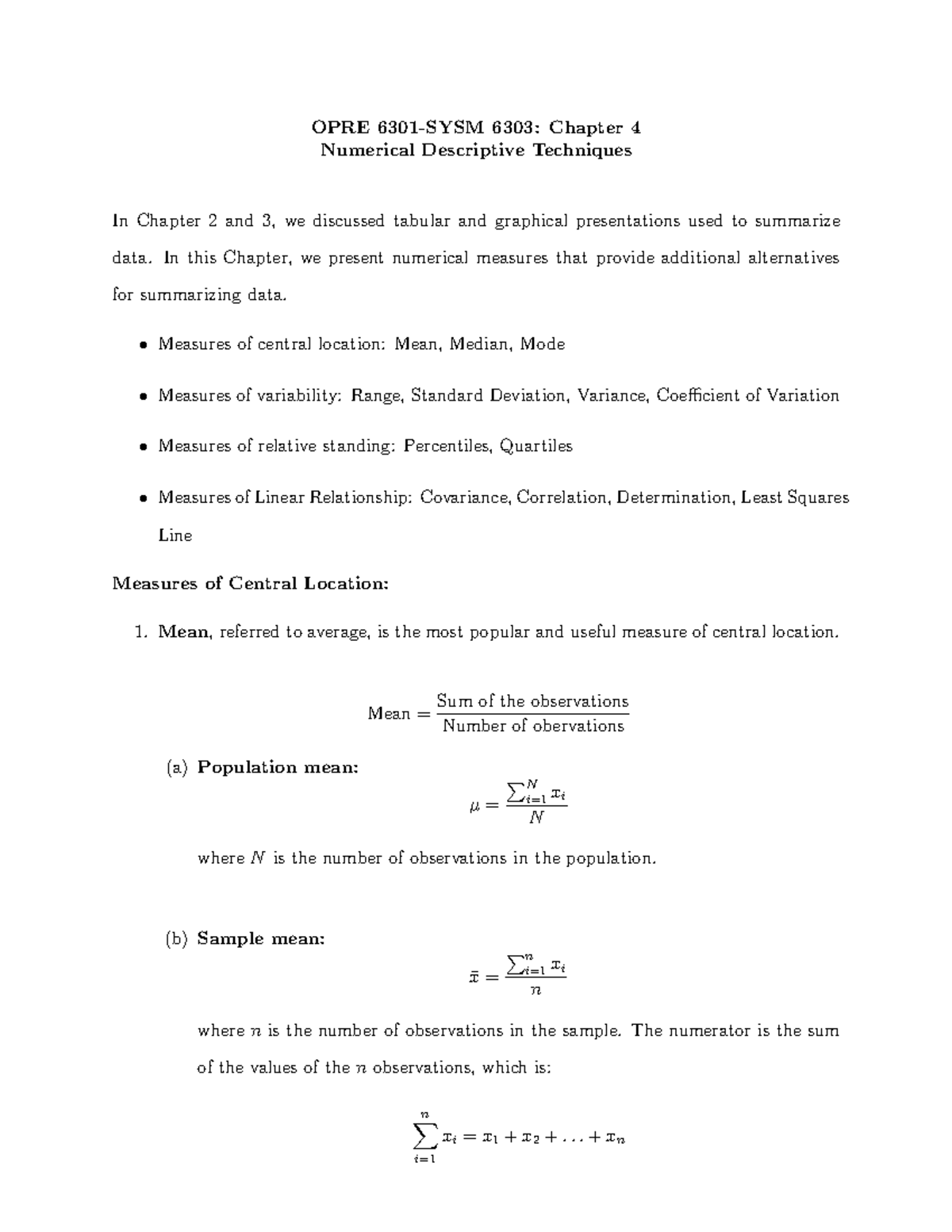 Chapter 4-Lecture - OPRE 6301 - OPRE 6301-SYSM 6303: Chapter 4 Numerical Descriptive Techniques ...