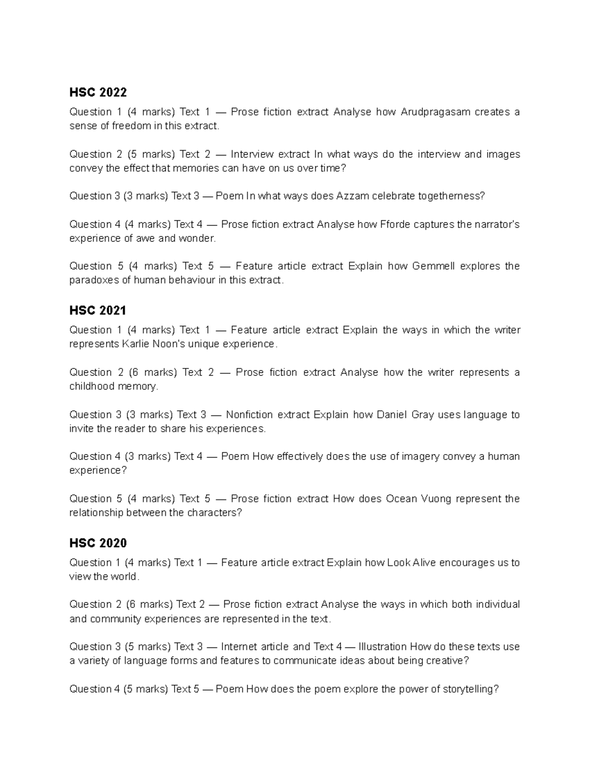 Questions - HSC Study Notes - HSC 2022 Question 1 (4 marks) Text 1 ...