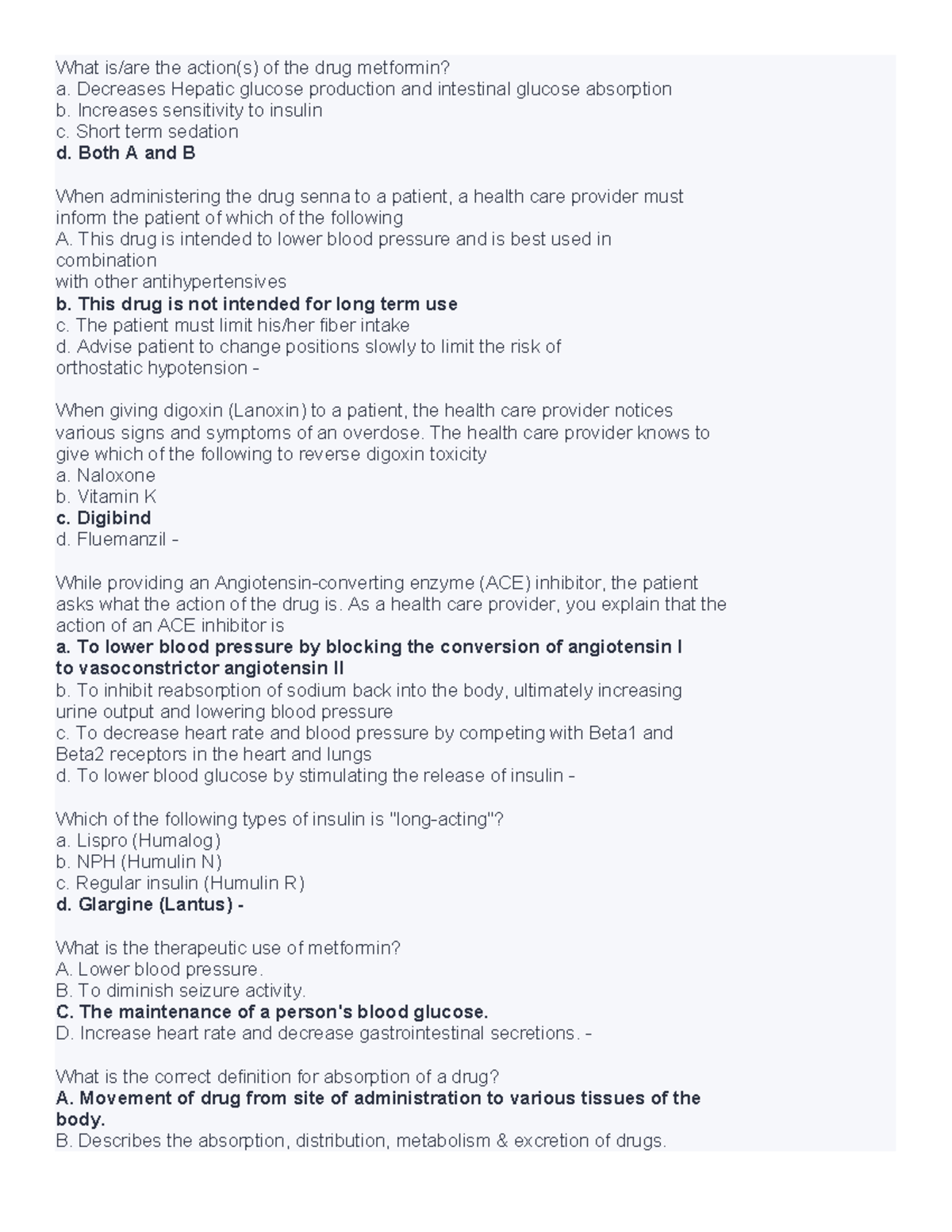pharm study guide - What is/are the action(s) of the drug metformin? a. Decreases Hepatic ...