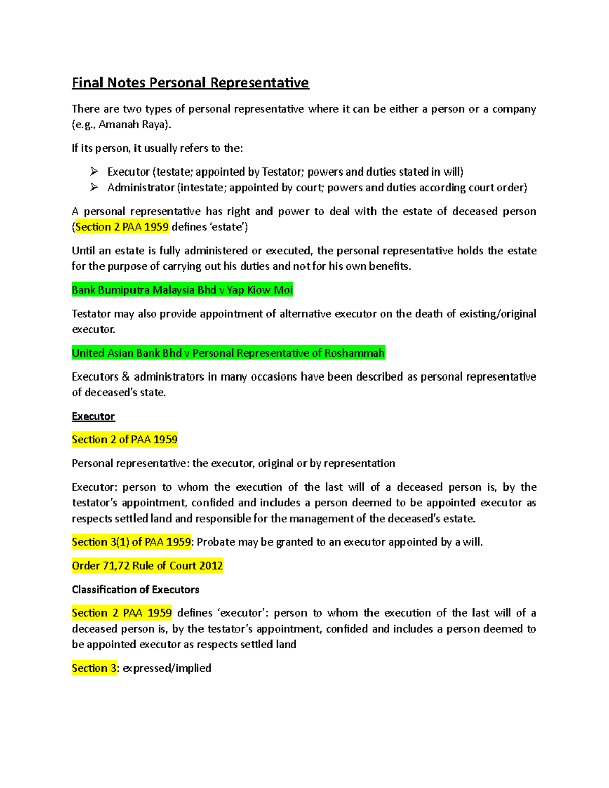 Topic 5 - Personal Representative - Final Notes Personal Representative ...