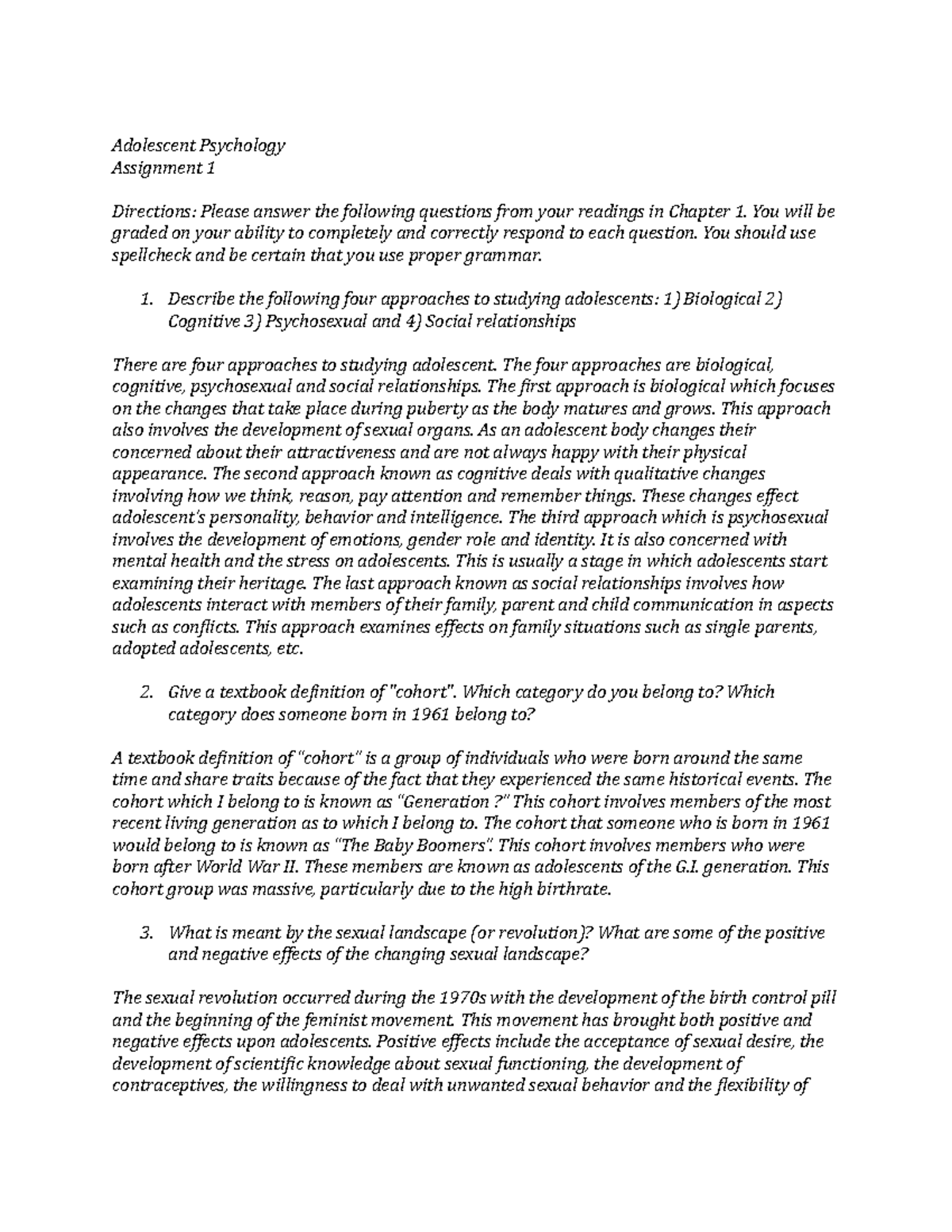 Assignment 1 - Professor Gannon - Adolescent Psychology Assignment 1 ...