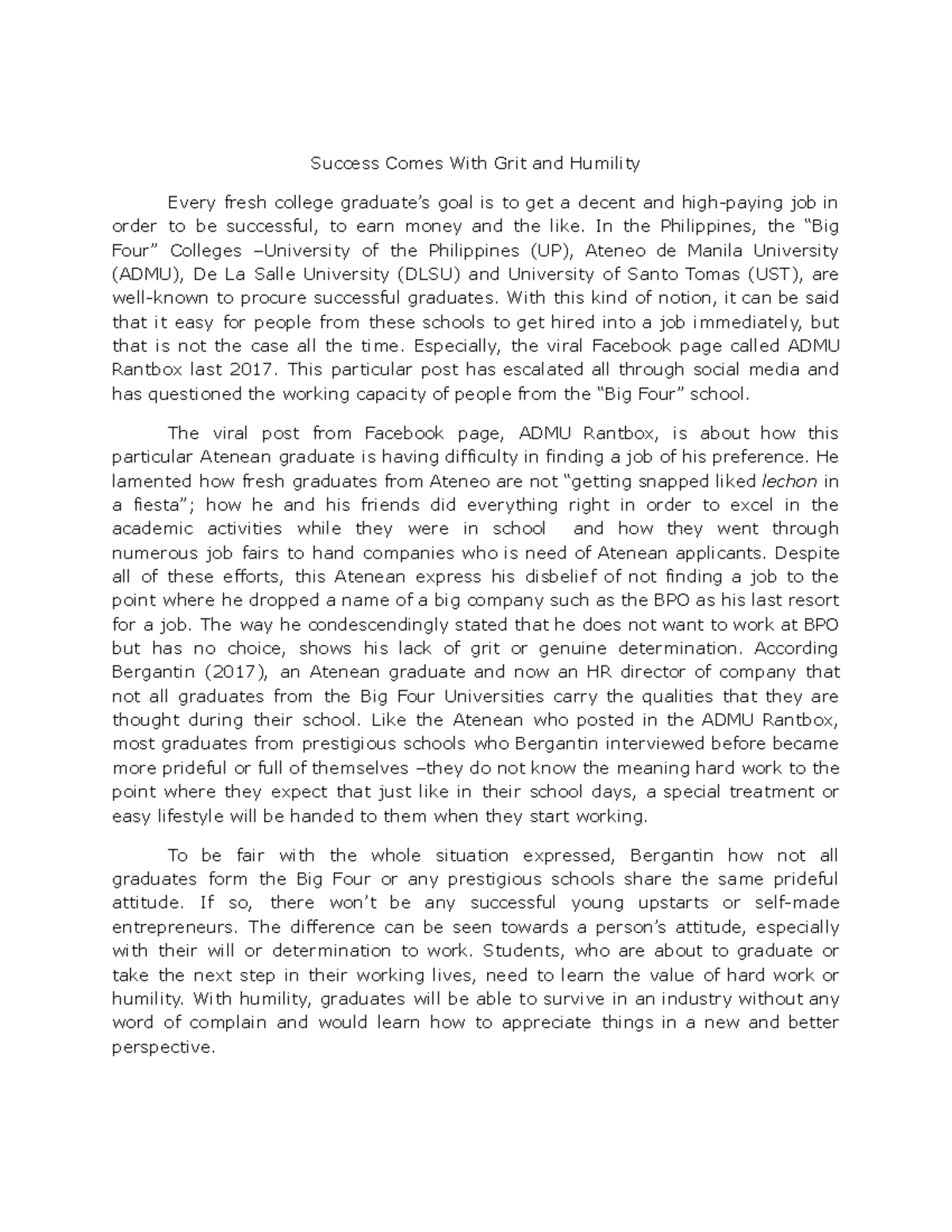 Essay ON GRIT AND Humility - Success Comes With Grit and Humility Every ...