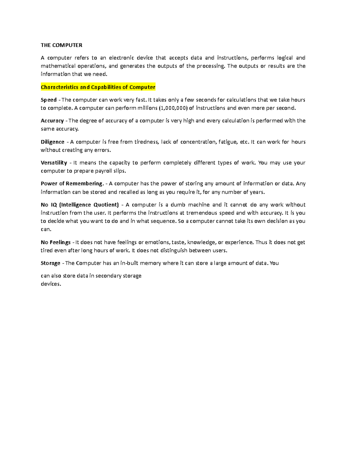 Computer - THE COMPUTER A computer refers to an electronic device that accepts data and - Studocu