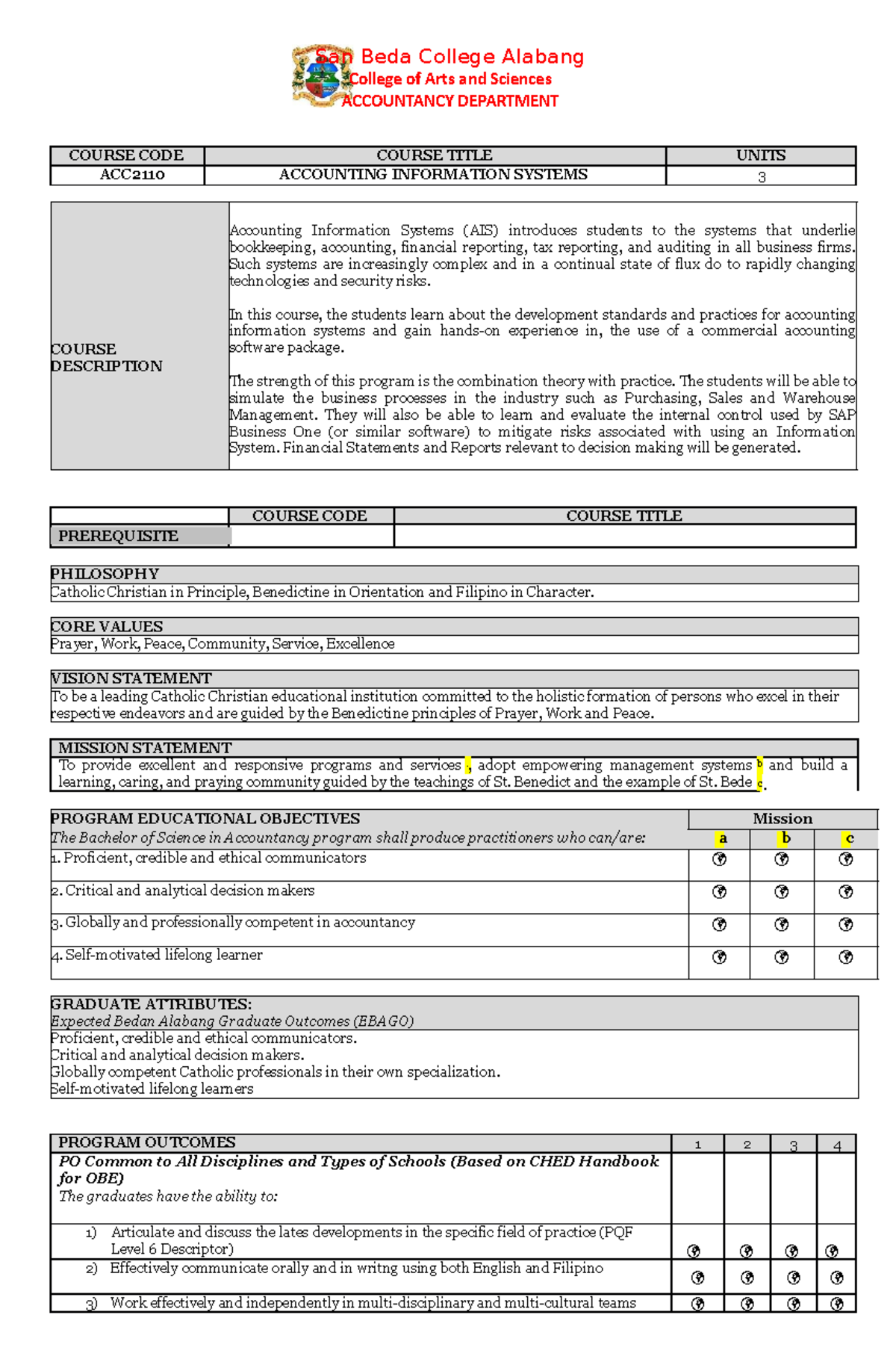 ACC2110 Accounting Information Systems OBE Syllabus - COURSE CODE ...