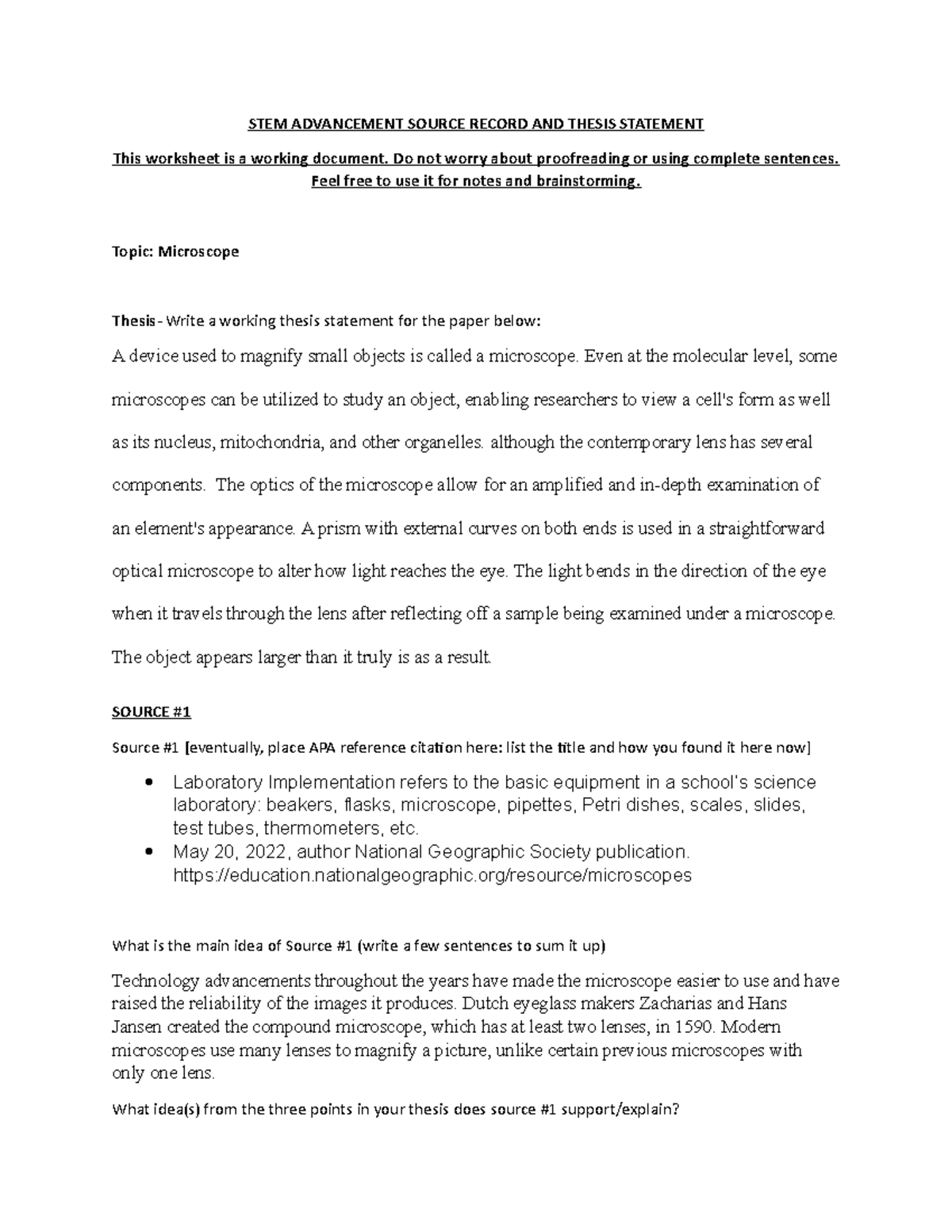 Eng 105 Stem Advn sources and thesis development worksheet - STEM ...