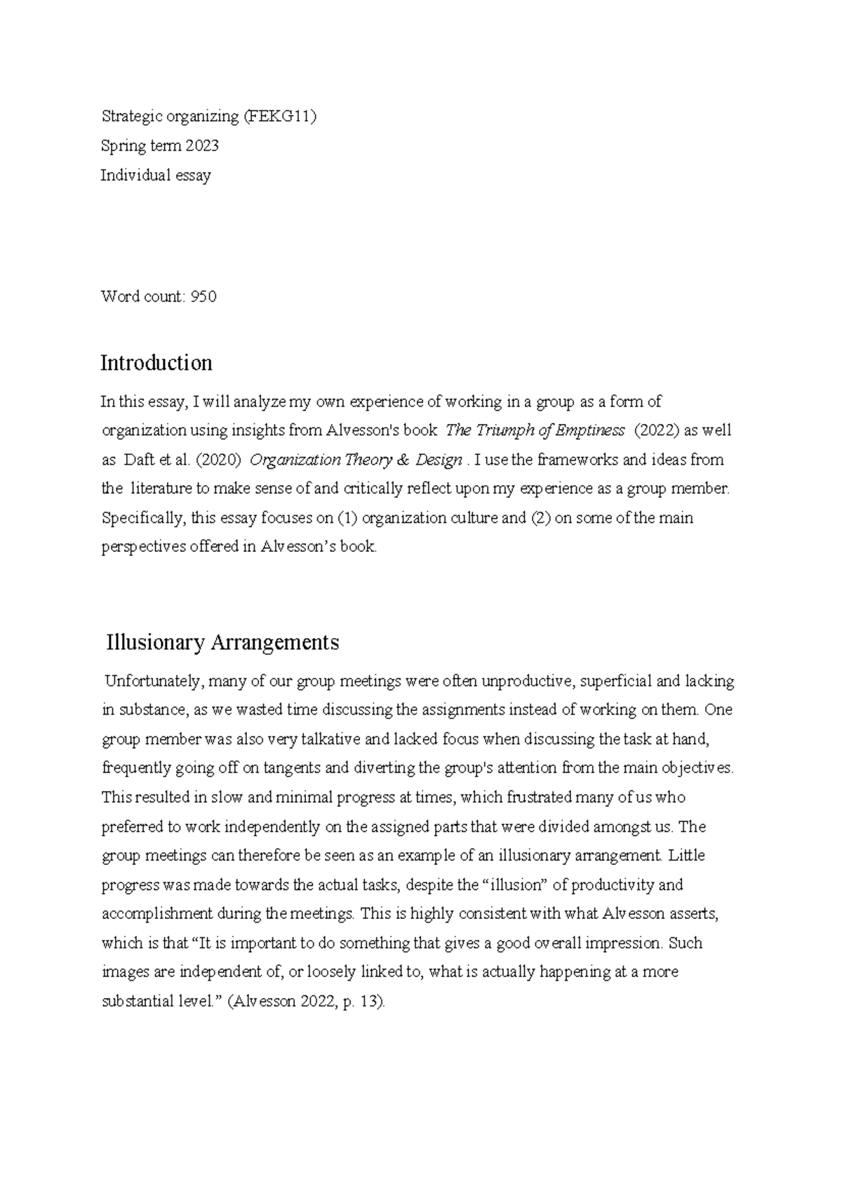 Individual essay - Strategic organizing (FEKG11) Spring term 2023 ...