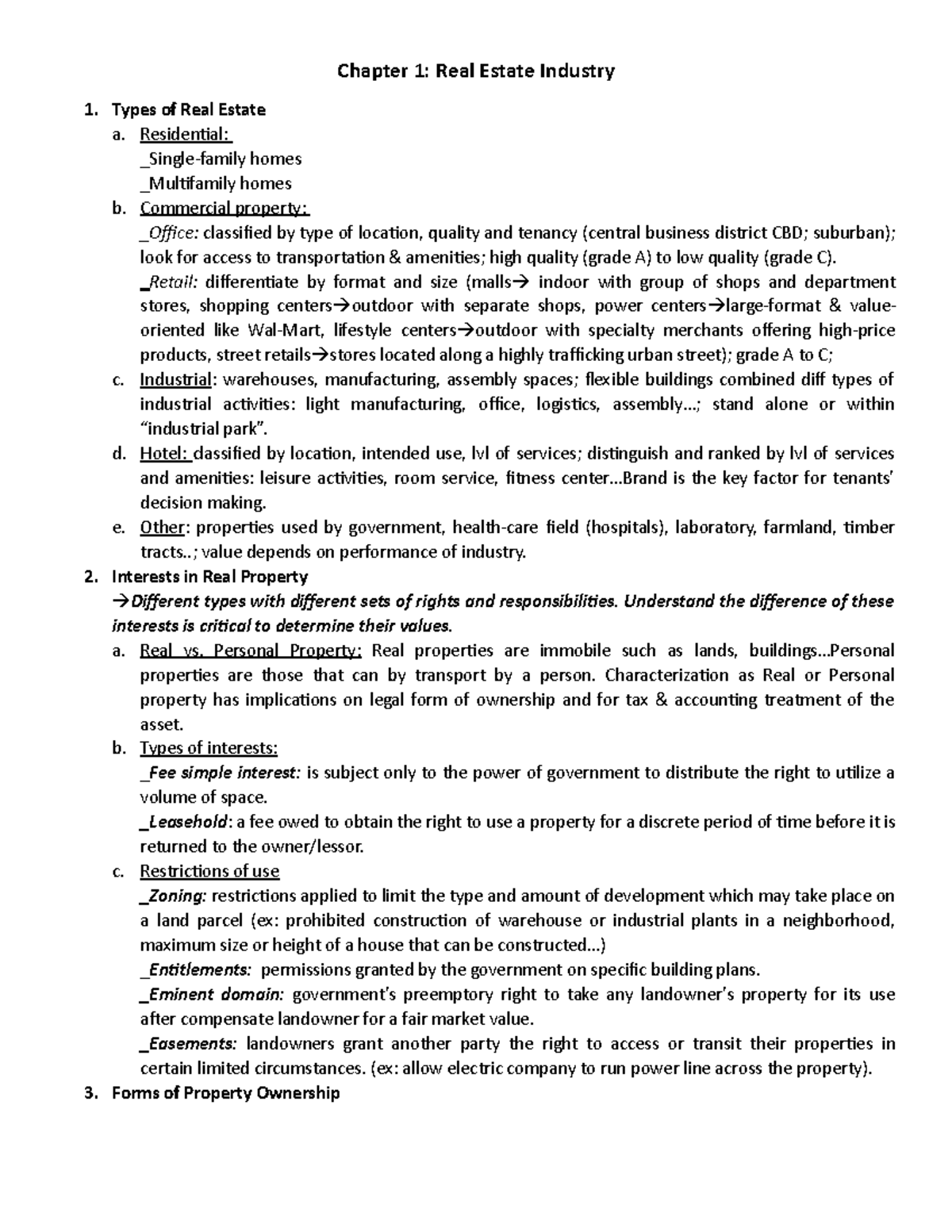 Chapter 1 - Notes - Summary - Chapter 1: Real Estate Industry 1. Types ...