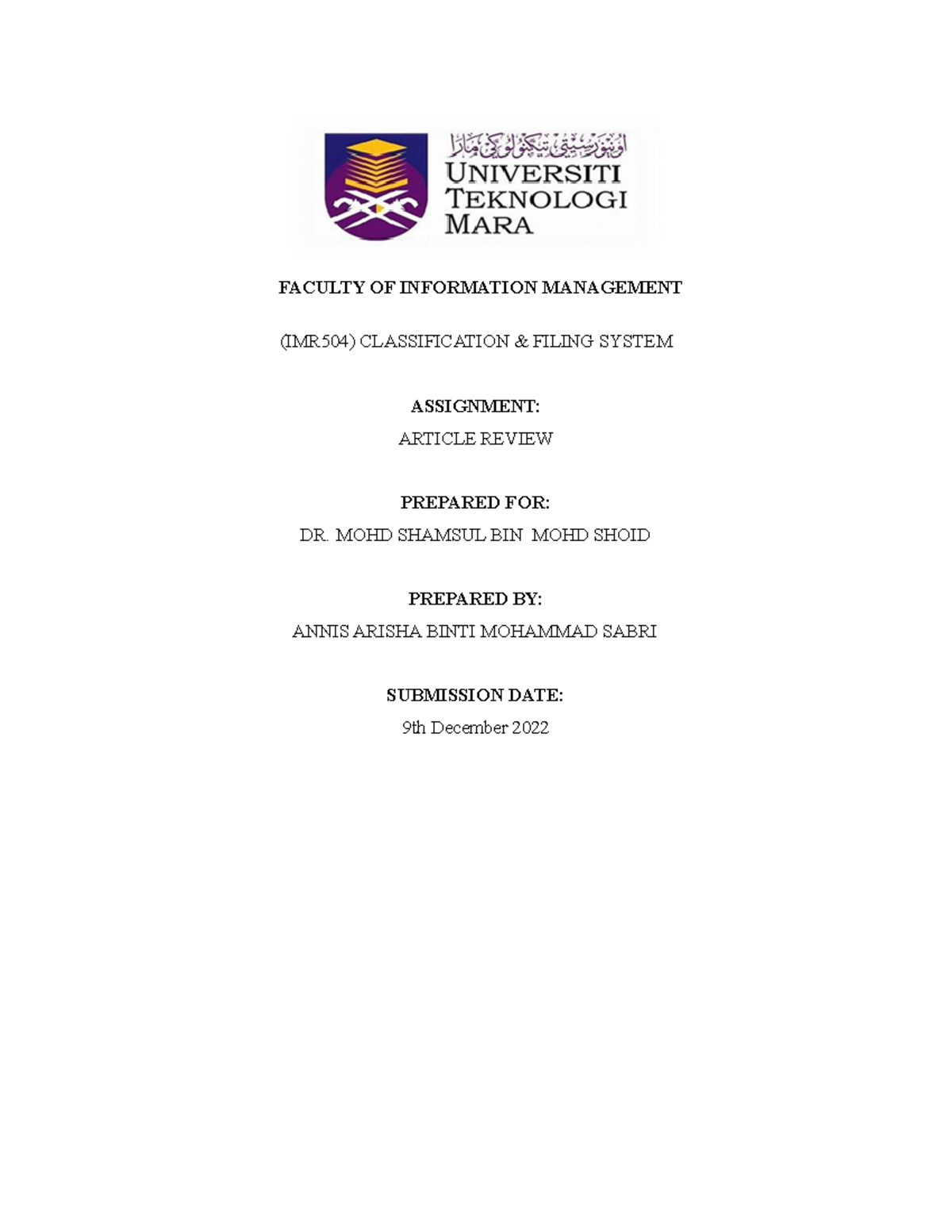 IMR504 - Article Review - FACULTY OF INFORMATION MANAGEMENT (IMR504 ...