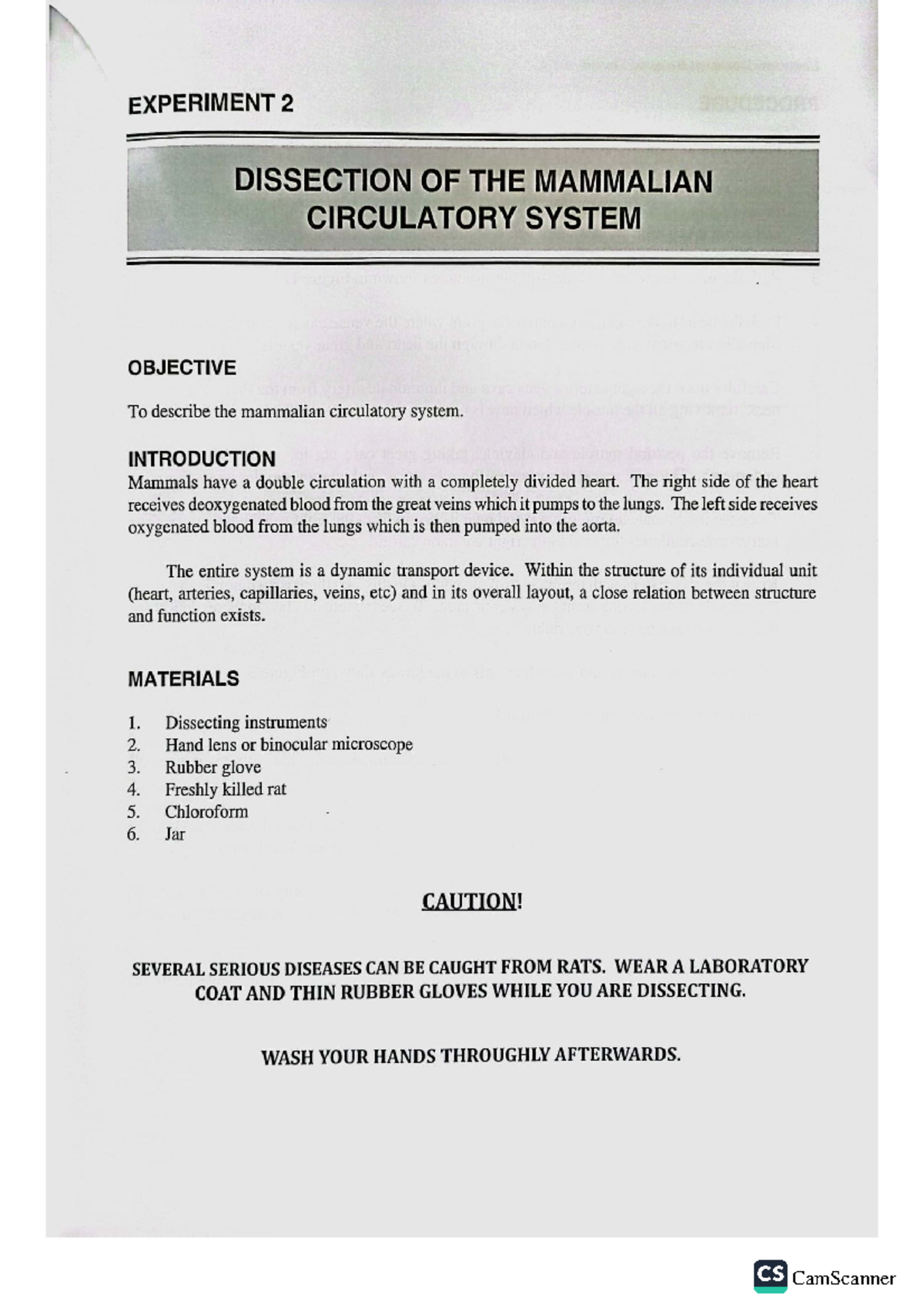 Experiment 2 BIO270 - EXPERIMENT 2 DISSECTION OF THE MAMMALIAN ...