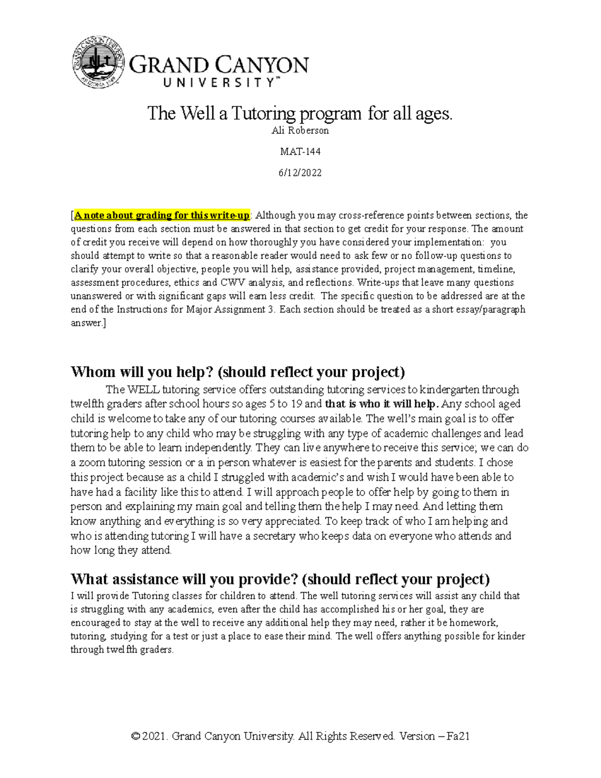 MA3 Write-Up Template 20210930 - The Well a Tutoring program for all ...