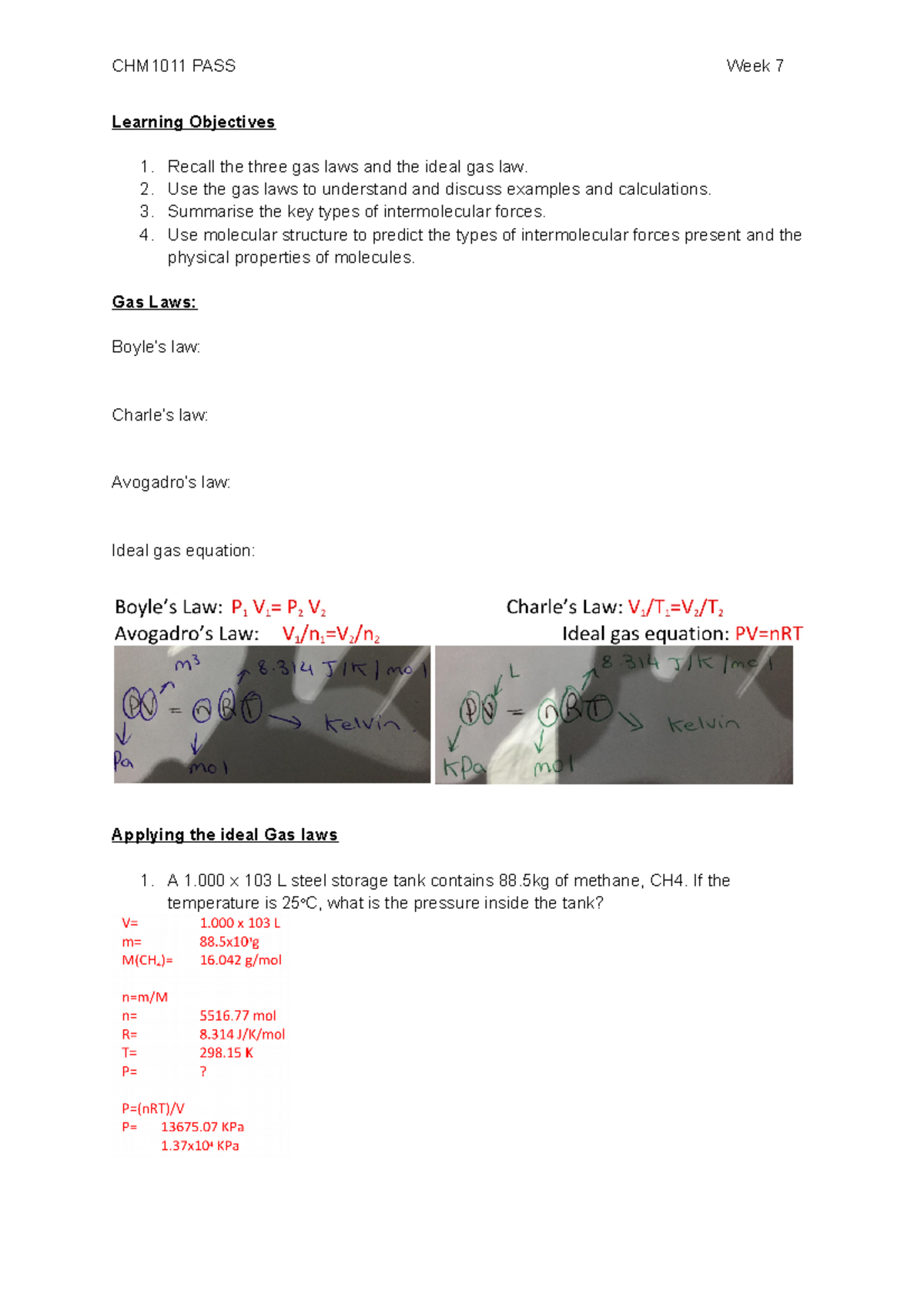 Worksheet answers for CHM 2011 - CHM1011 PASS Week 7 Learning Objectives Recall the three gas ...