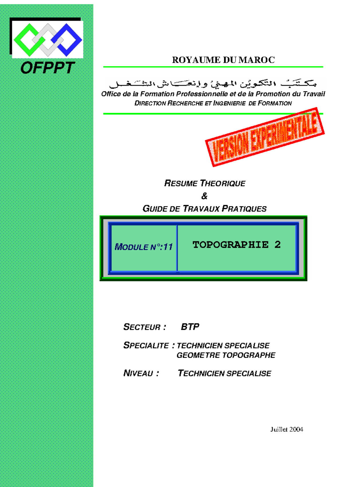 Ofppt Royaume DU Maroc Resume Theorique & Guide DE Travaux Pratiques Module N 11 Topographie 2 ...
