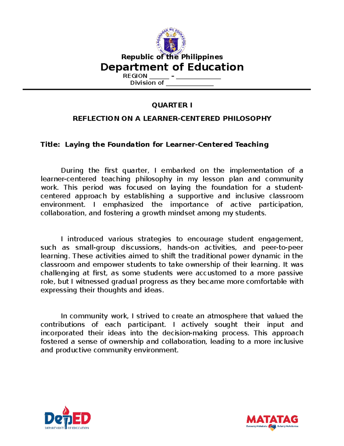 23. Reflection ON Learner- Centered Philosophy TI-III Sample- Objective 13 - Department of ...