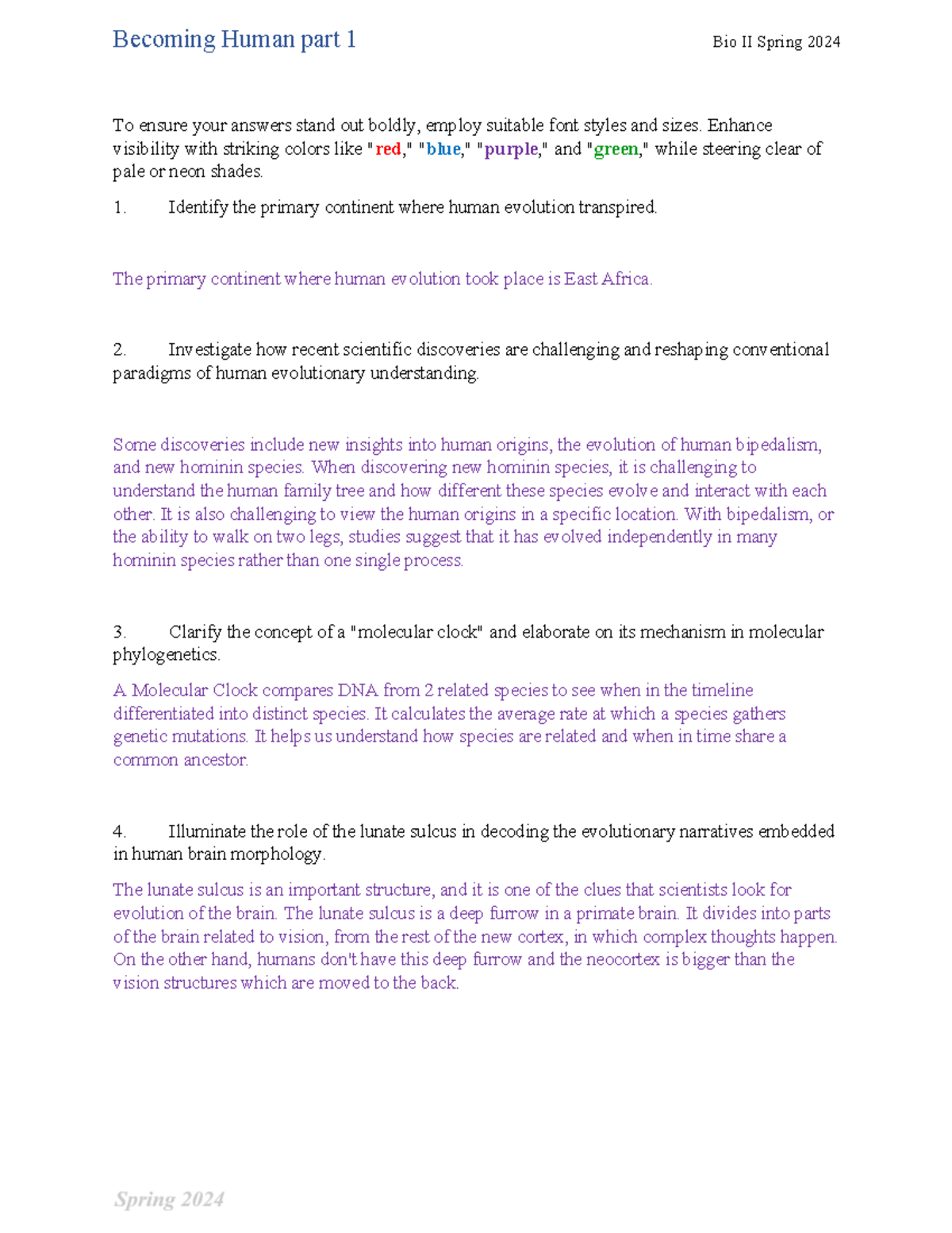 Becoming Human 1 Spring 2024 - To ensure your answers stand out boldly ...