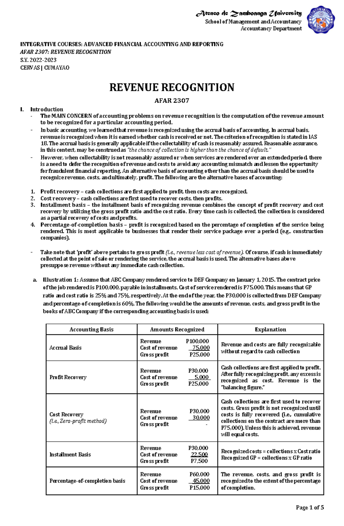 AFAR 2307 - Revenue Recognition - School of Management and Accountancy ...