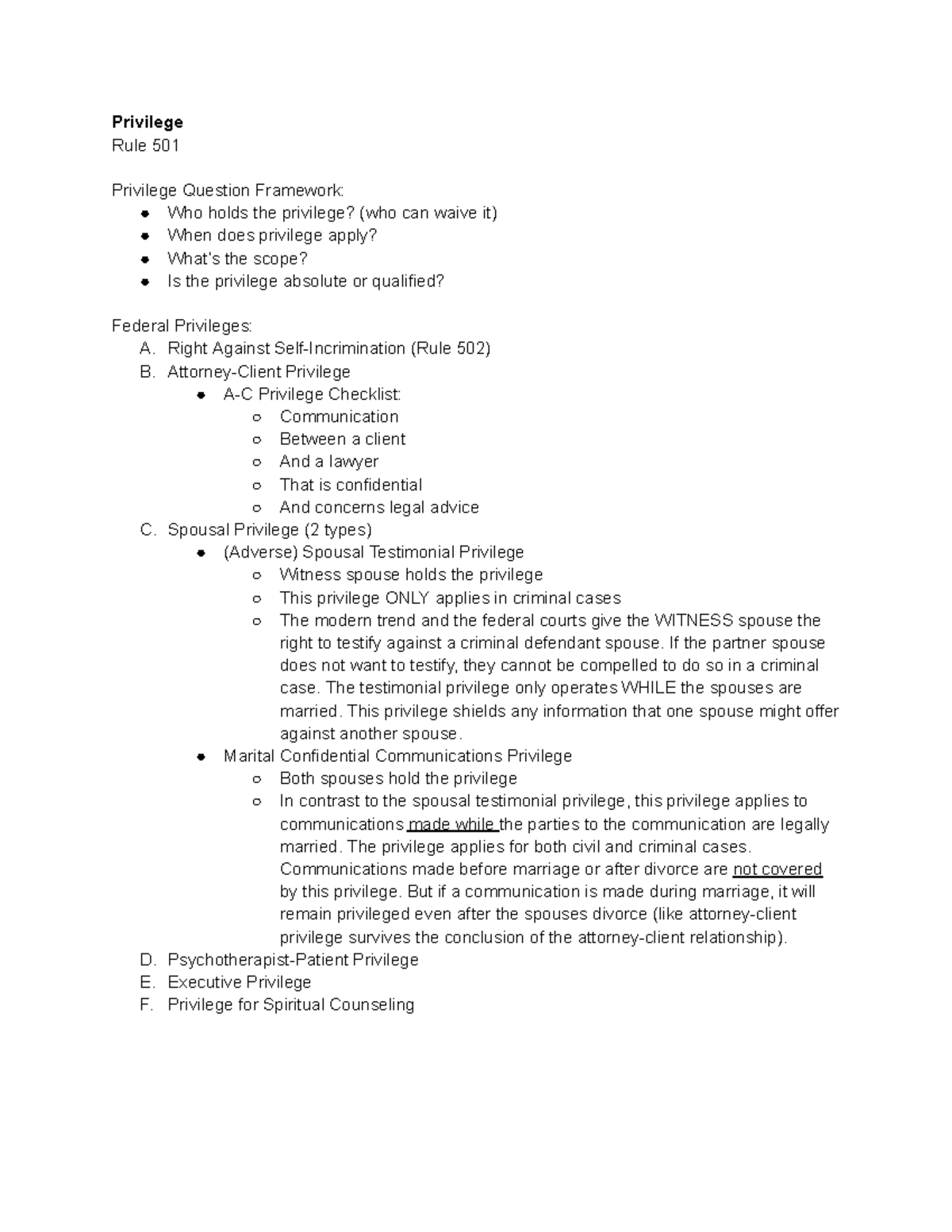 Final Evidence Outline - Privilege Rule 501 Privilege Question ...