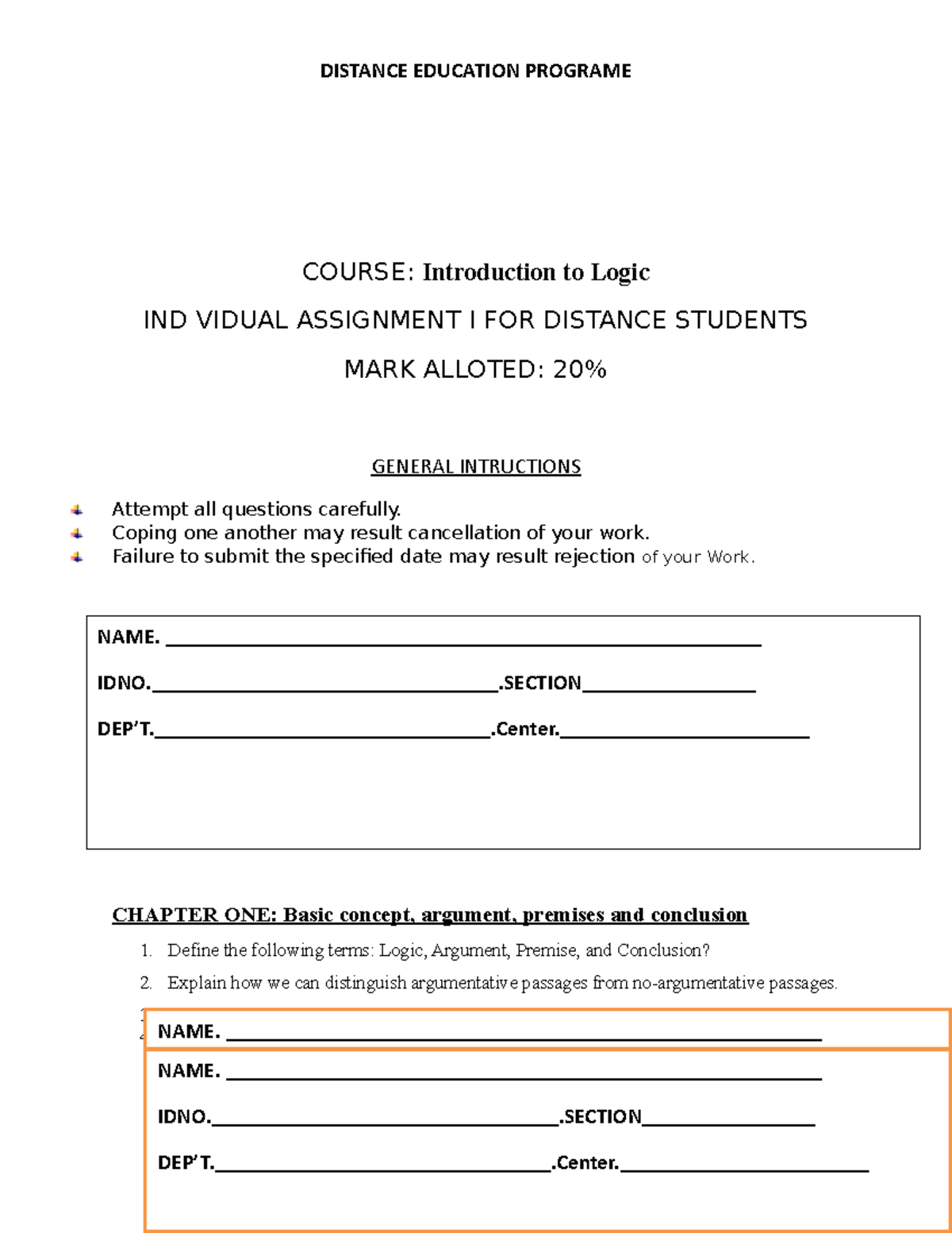 Distance assignment Logic - DISTANCE EDUCATION PROGRAME COURSE ...