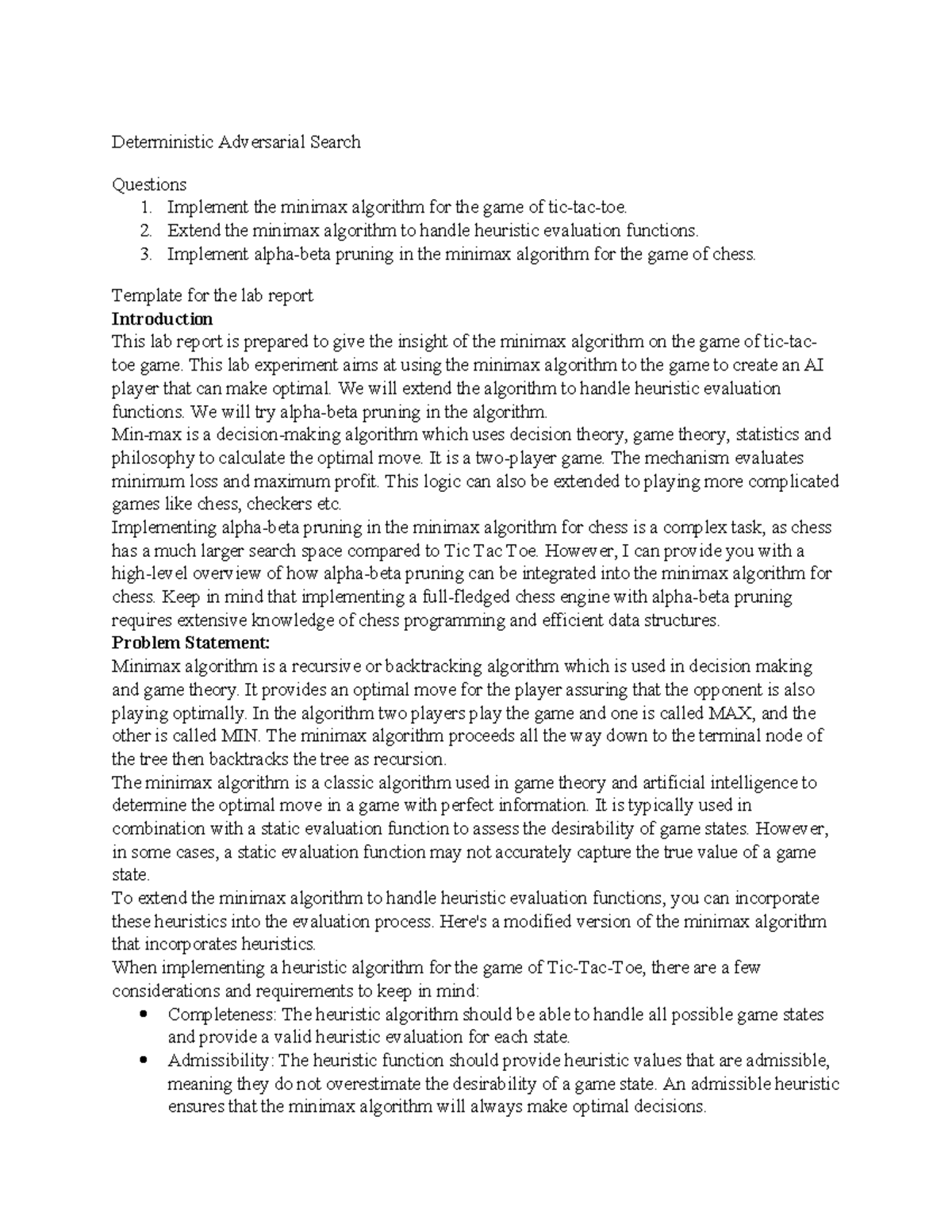 Ai - Summary Introduction to Logic - Deterministic Adversarial Search ...