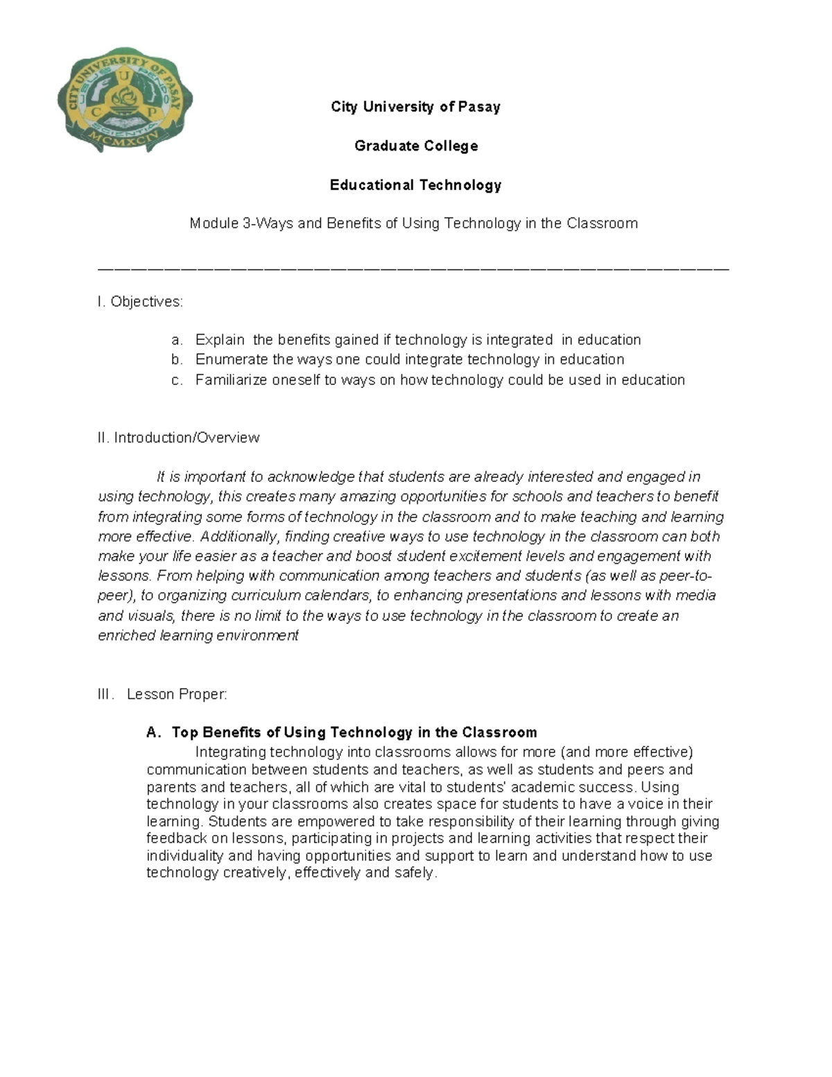 Module 3-Ways and Benefits of Using Technology in the Classroom - City ...