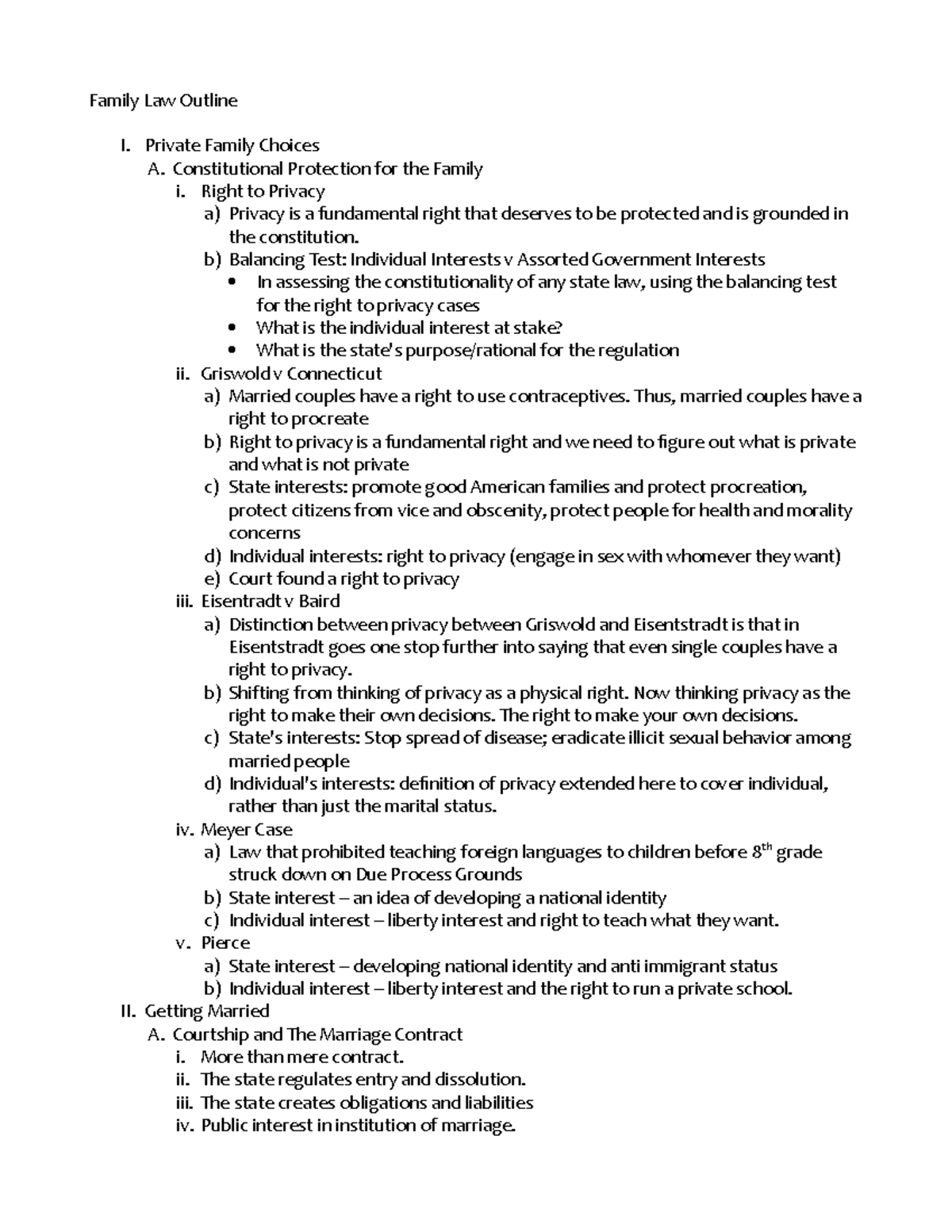 Family Law - Outline - Family Law Outline I. Private Family Choices A ...