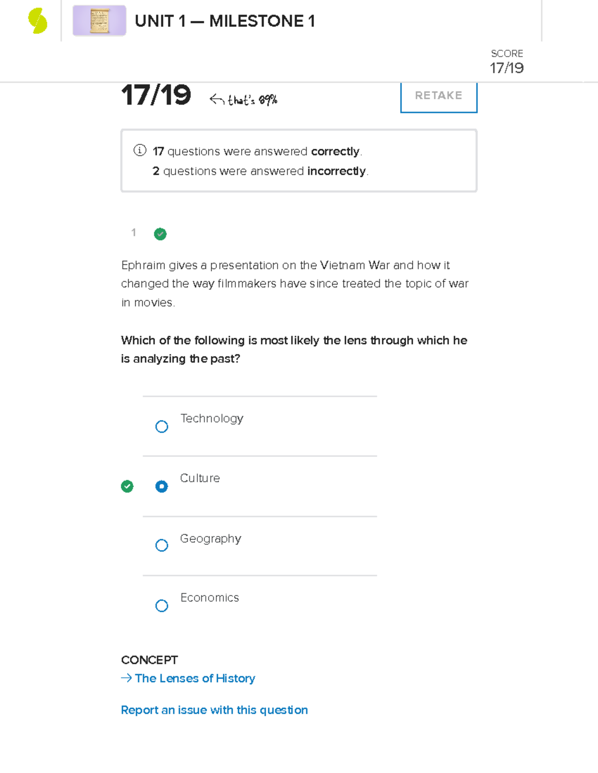 Sophia unit 1Milestone 1 - 1 CONCEPT → The Lenses of History 17/19 that ...
