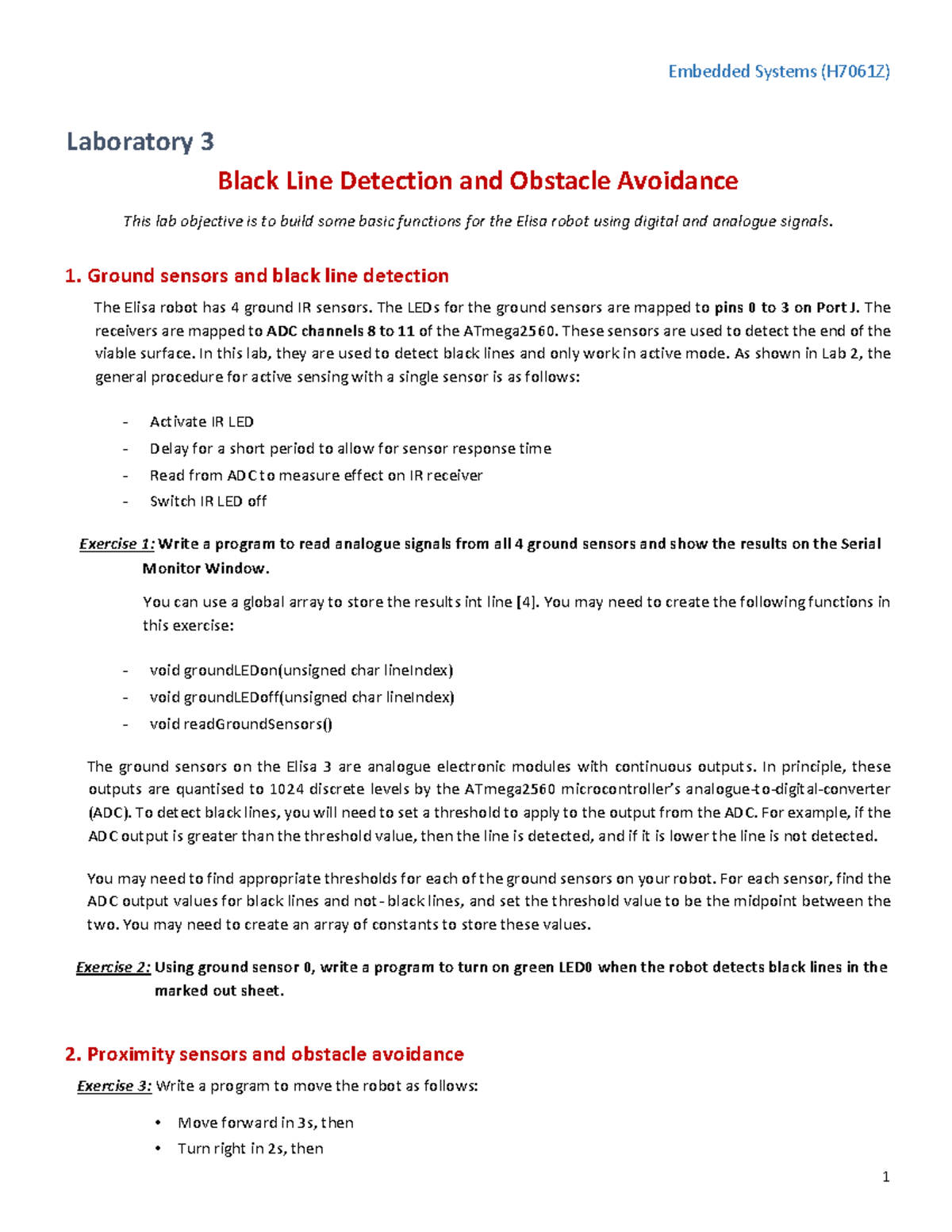 Lab 03 - Black Line Detection and Obstacle Avoidance - Embedded Systems (H7061Z) 1 Laboratory 3 ...