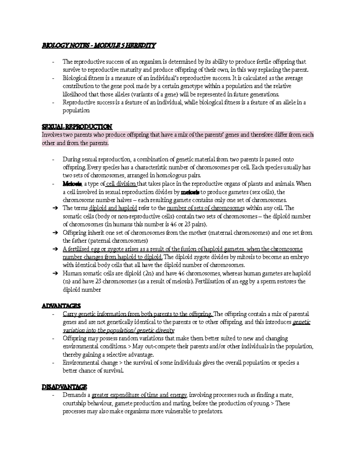 BIO Notes M5 - BIOLOGY NOTES - MODULE 5 HEREDITY The reproductive ...