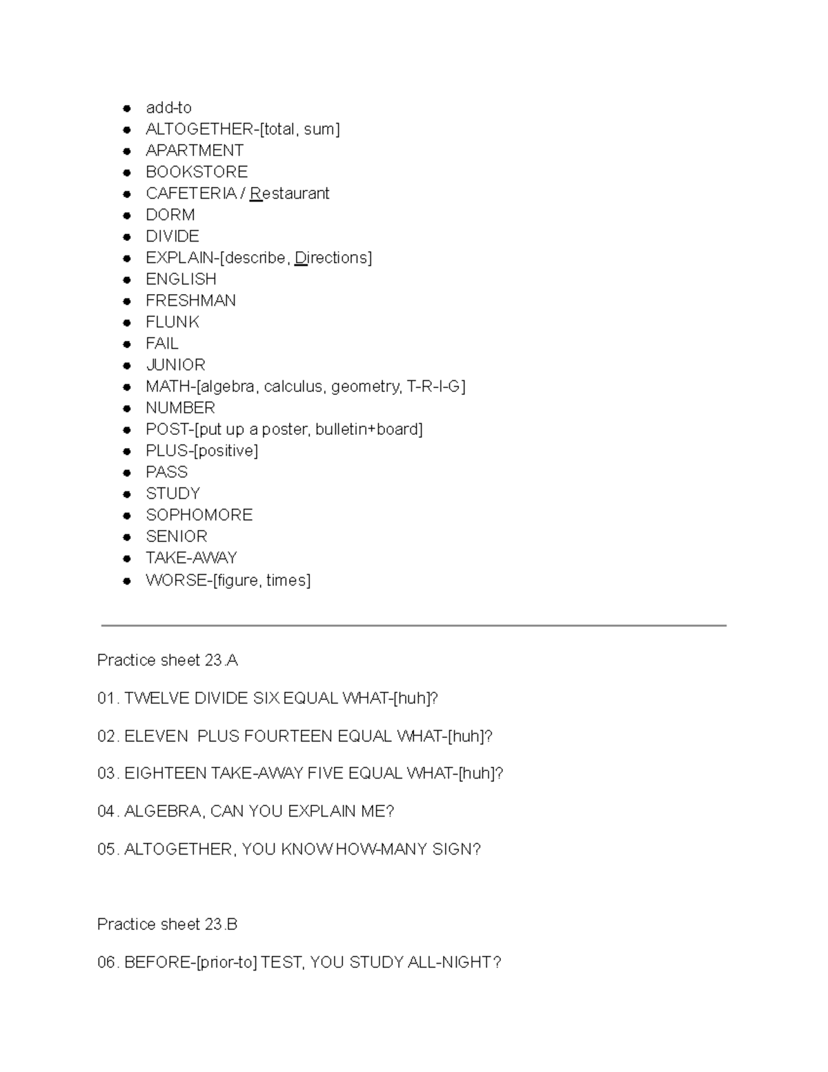 American Sign Language Vocab and Sentences Lesson 23 - add-to ...