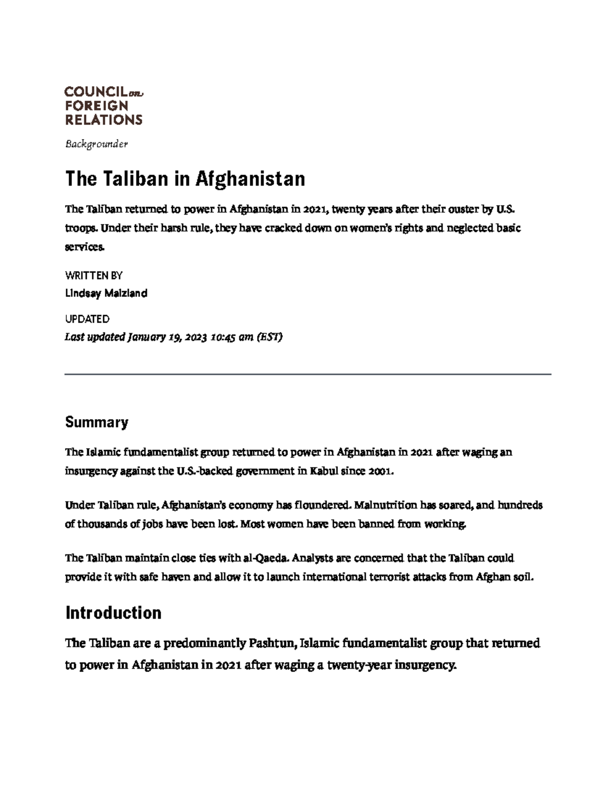 The Taliban in Afghanistan - Backgrounder The Taliban returned to power ...