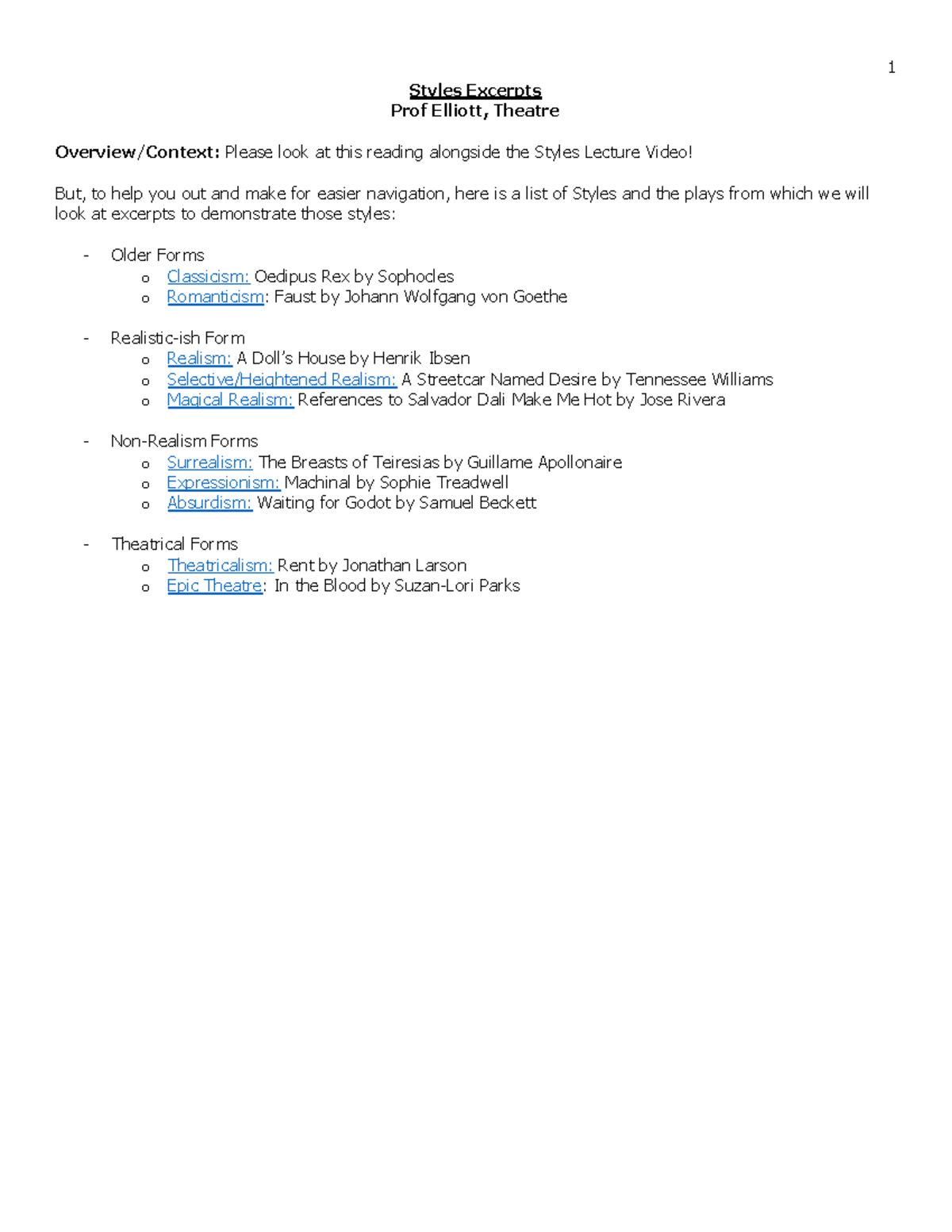 01 Styles Excerpts PDF - Styles Excerpts Prof Elliott, Theatre Overview ...