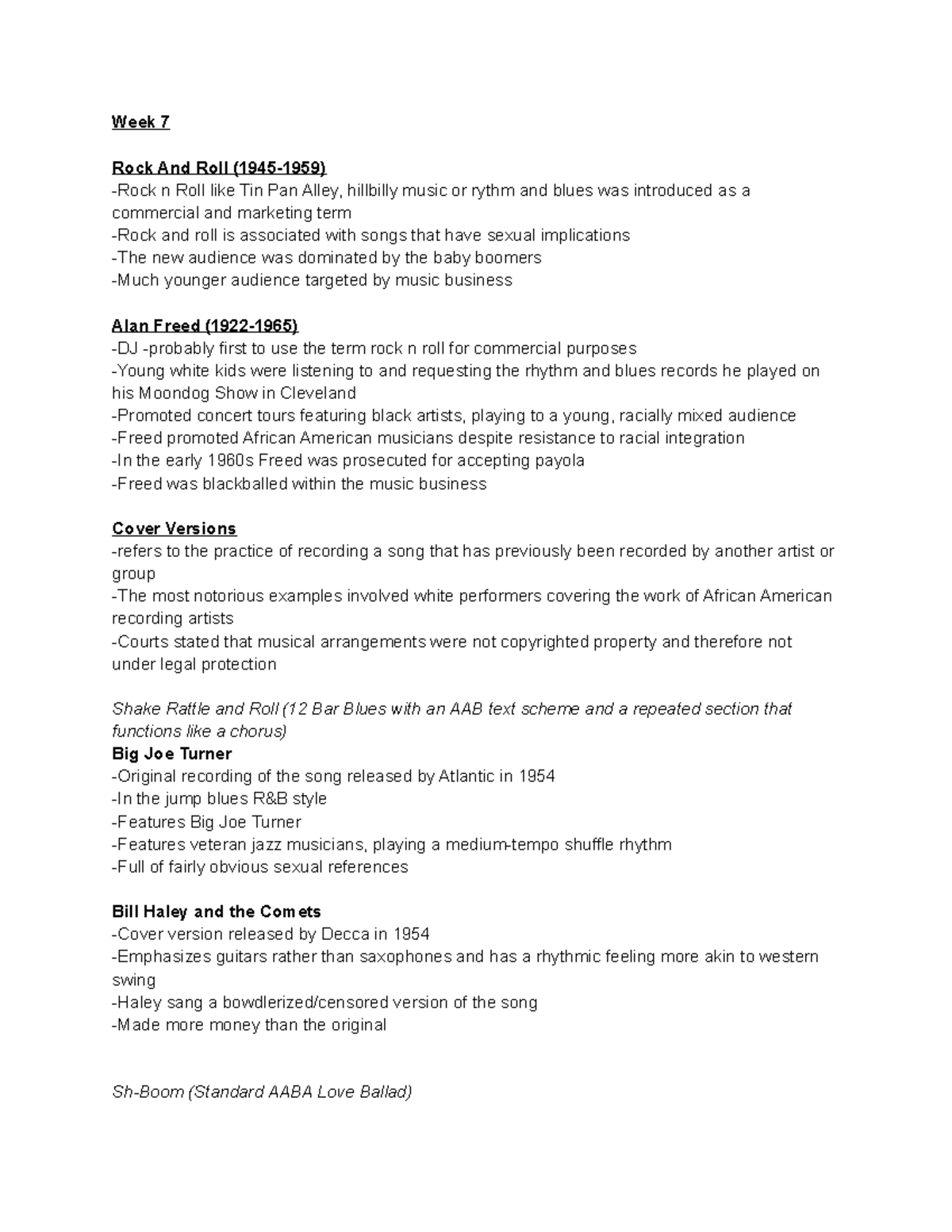 Popular Music in Culture Notes Week 7 - Week 7 Rock And Roll (1945-1959 ...