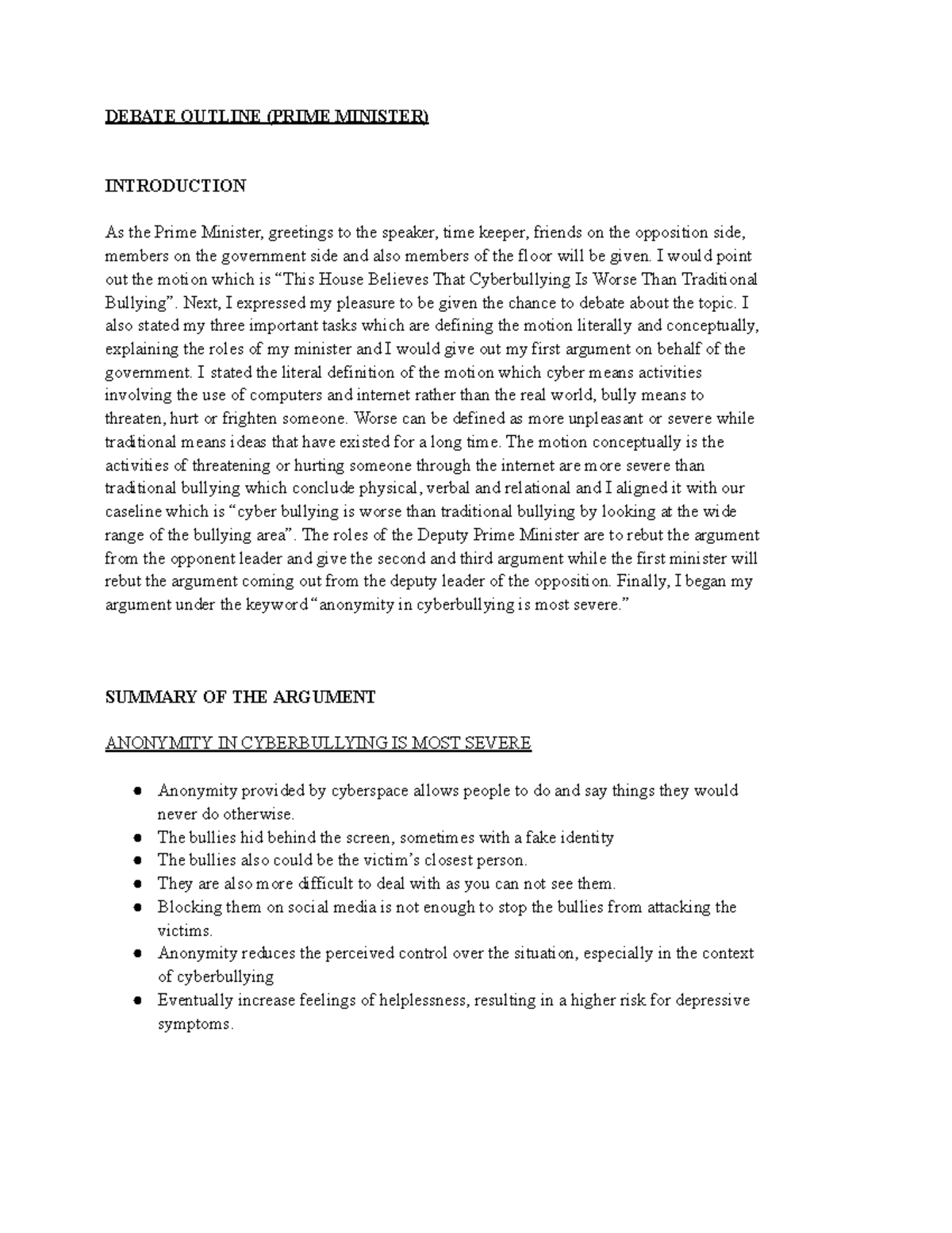 Debate Outline ( Prime Minister) - DEBATE OUTLINE (PRIME MINISTER ...