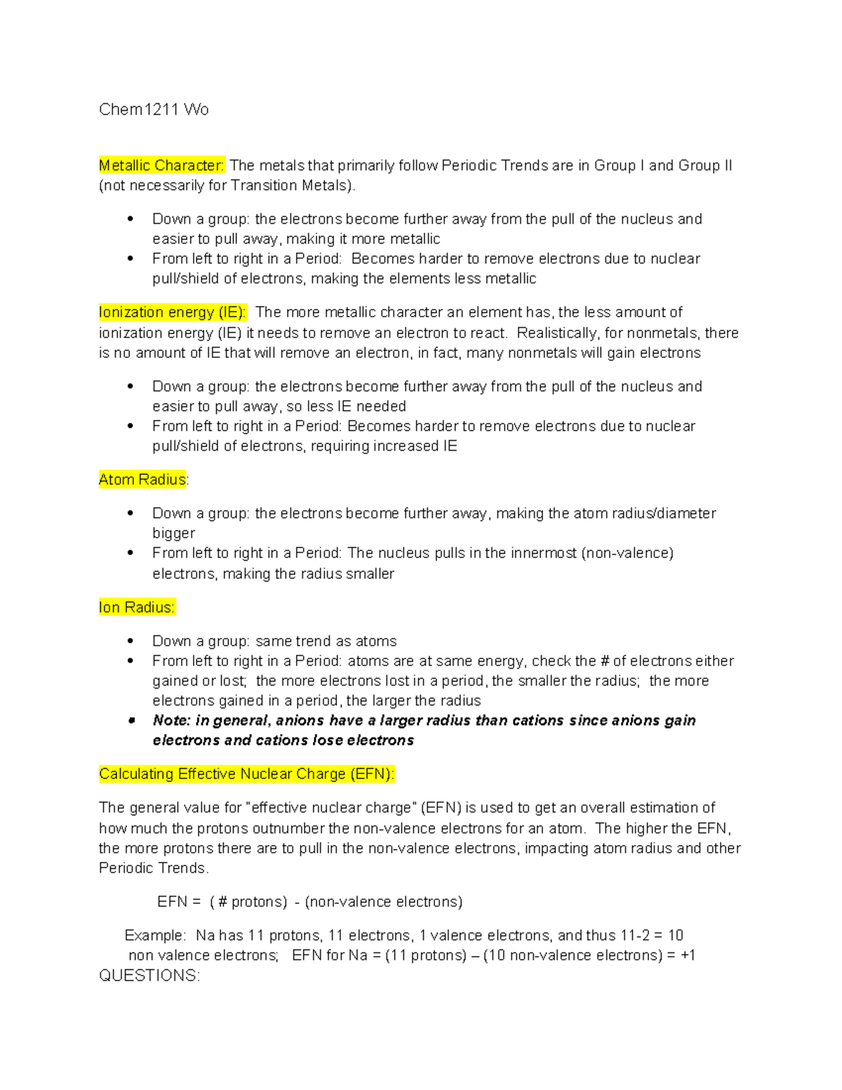 2-29-24 Worksheet assignment - Chem1211 Wo Metallic Character: The ...