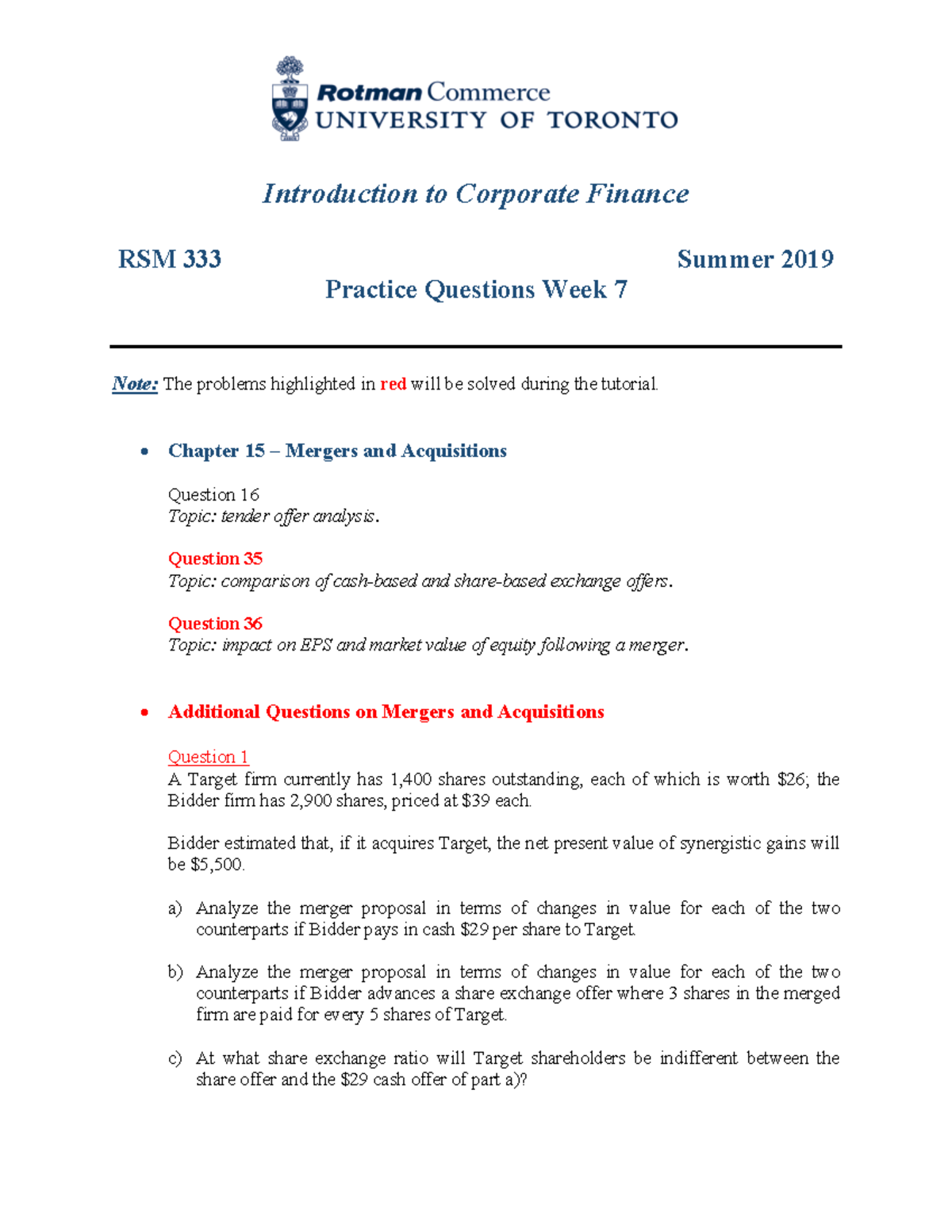 Practice Questions session 7 - Introduction to Corporate Finance RSM ...