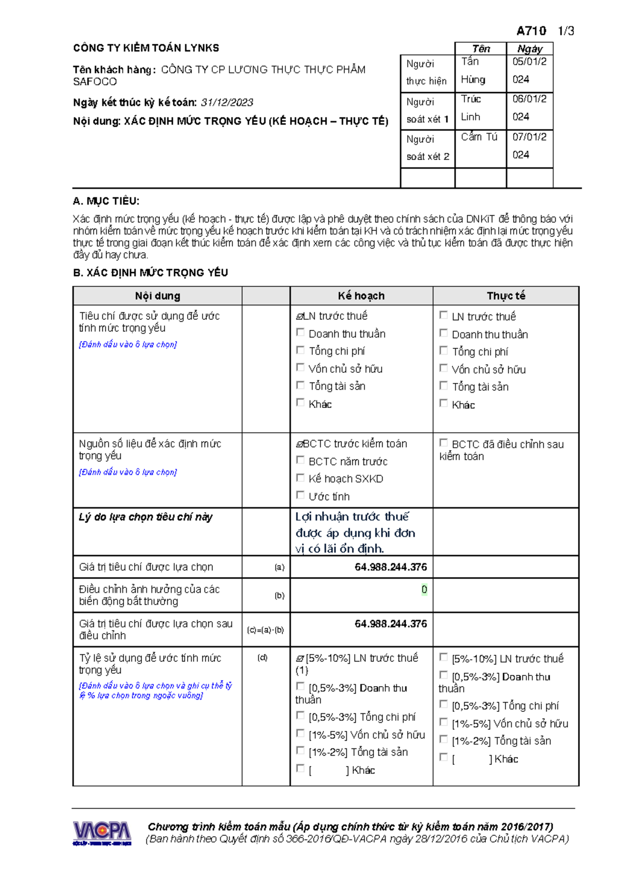 A710 Xac dinh muc trong yeu ke hoach - thuc te (x) - Chương trình kiểm toán mẫu (Áp dụng chính ...