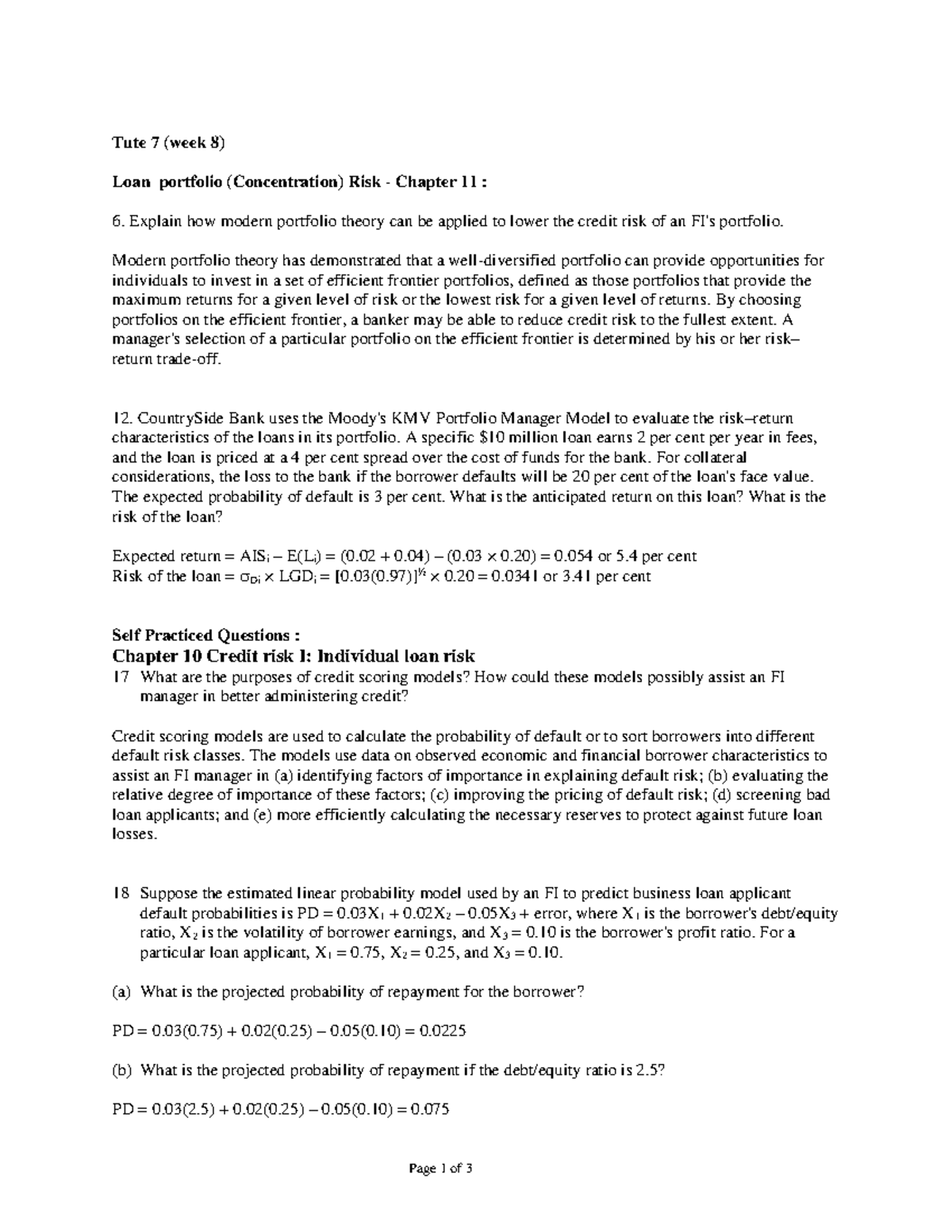 Tute 7 - Topic 4 (part II) - Page 1 of 3 Tute 7 (week 8) Loan portfolio (Concentration) Risk ...