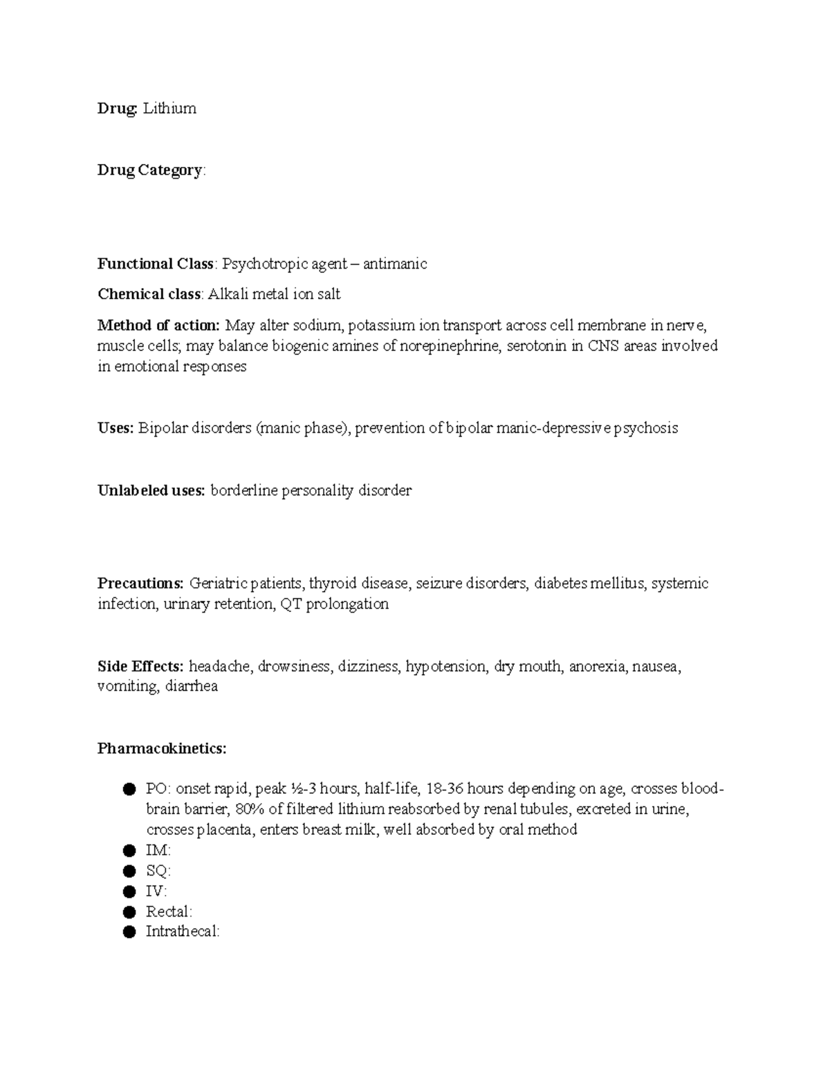 Lithium - lecture notes - Drug: Lithium Drug Category: Functional Class ...